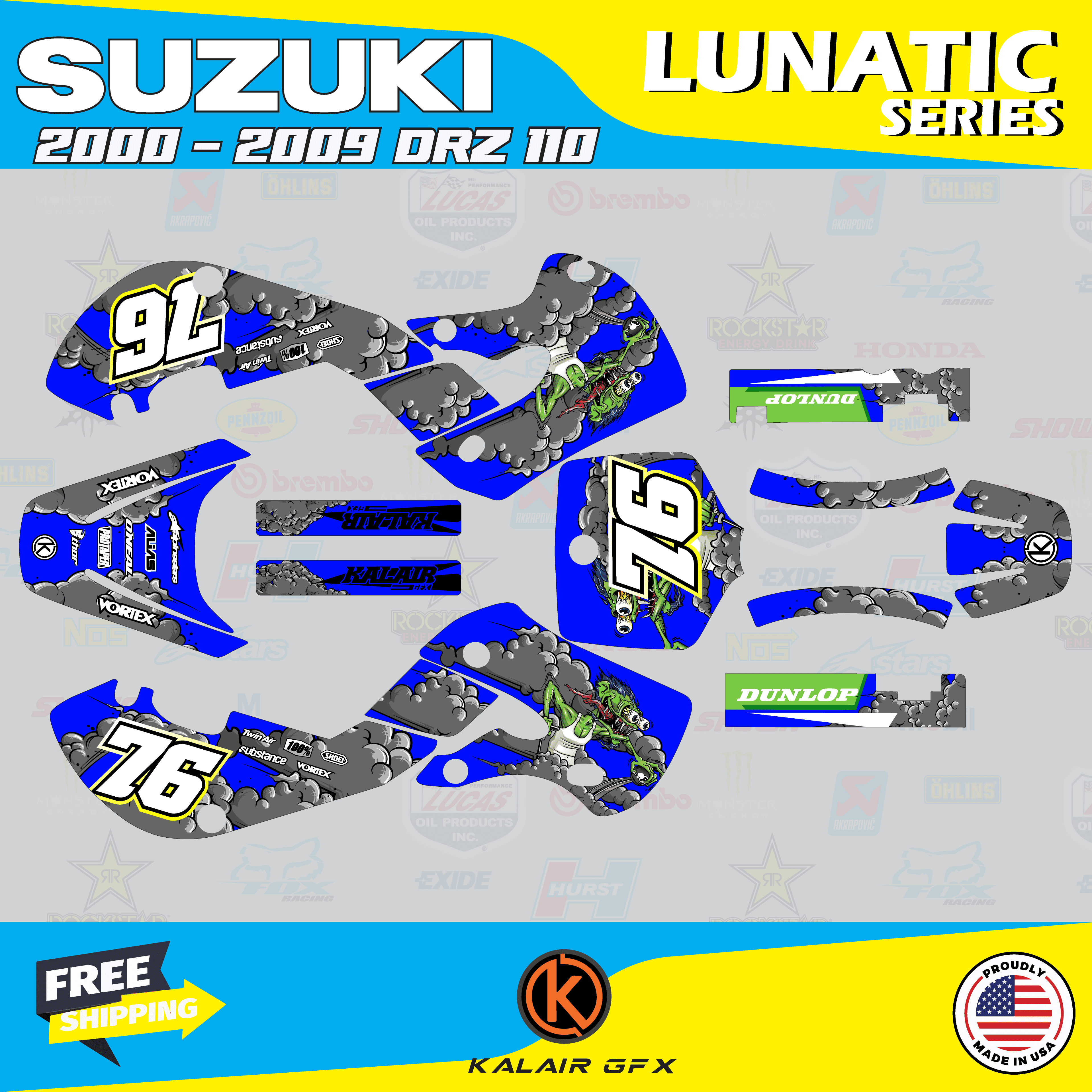 Kalair GFX Graphics Kit for Suzuki DRZ110 (2002-2009) Lunatic Series ...
