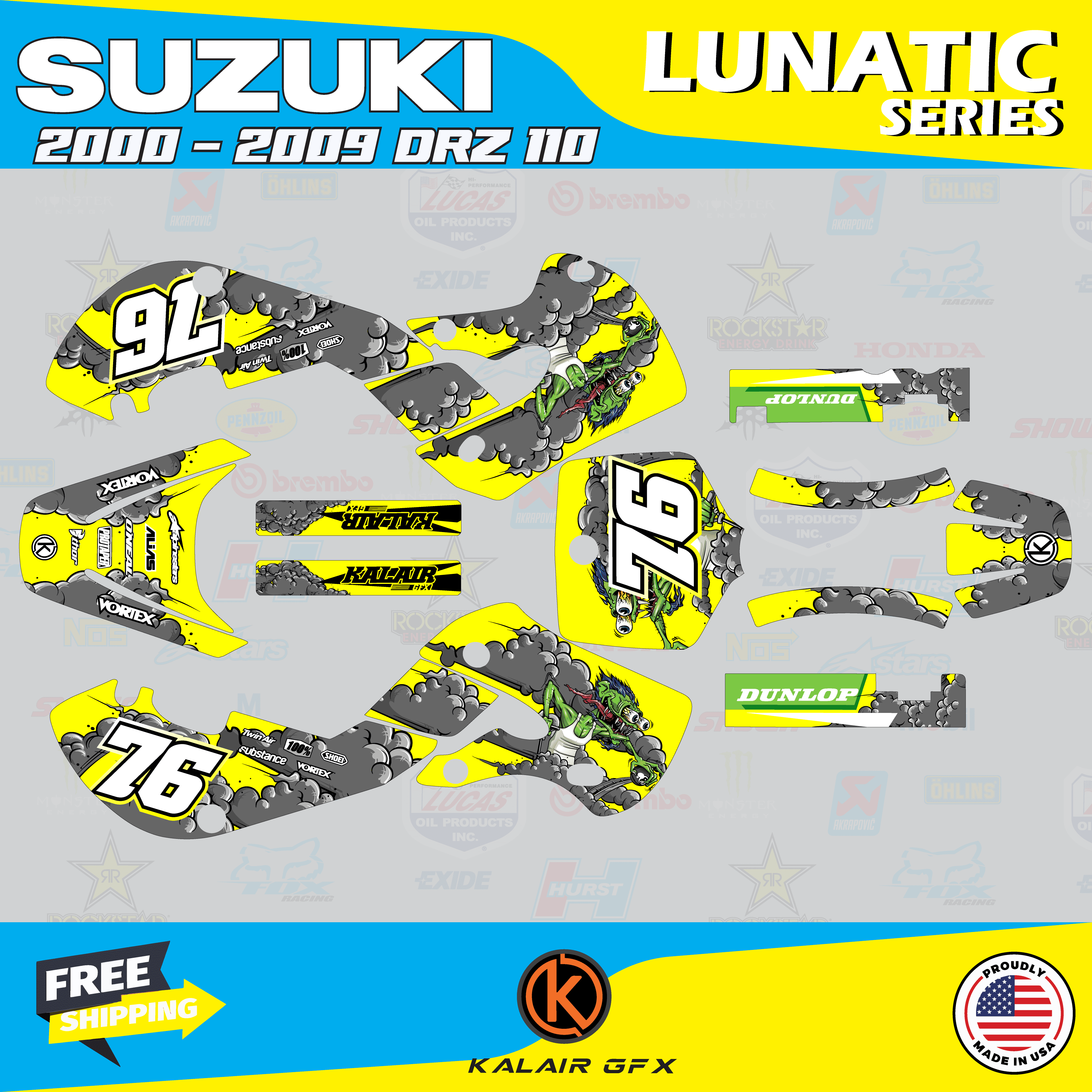Kalair GFX Graphics Kit for Suzuki DRZ110 (2002-2009) Lunatic Series ...