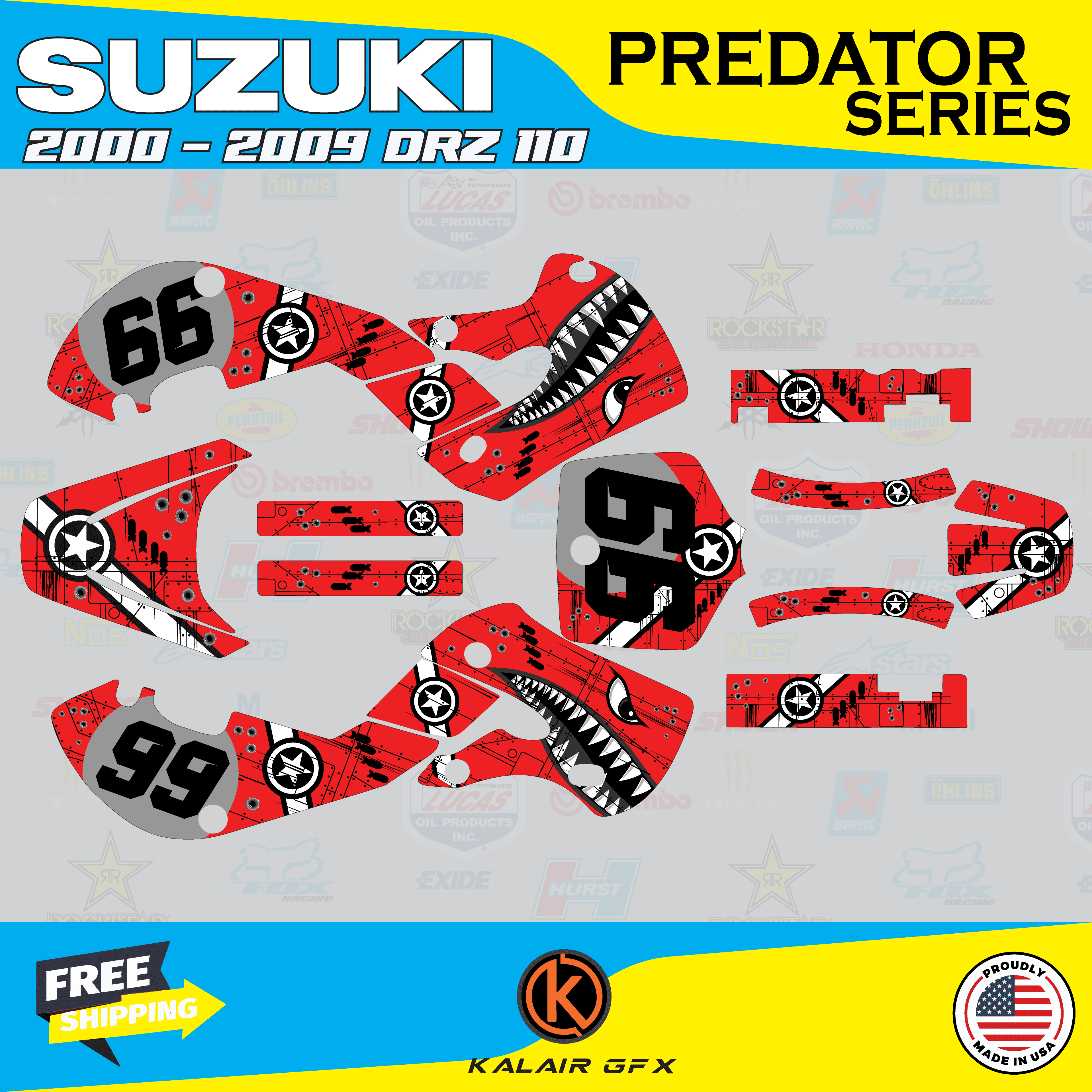 Kalair GFX Graphics Kit for Suzuki DRZ110 (2002-2009) Predator Series ...