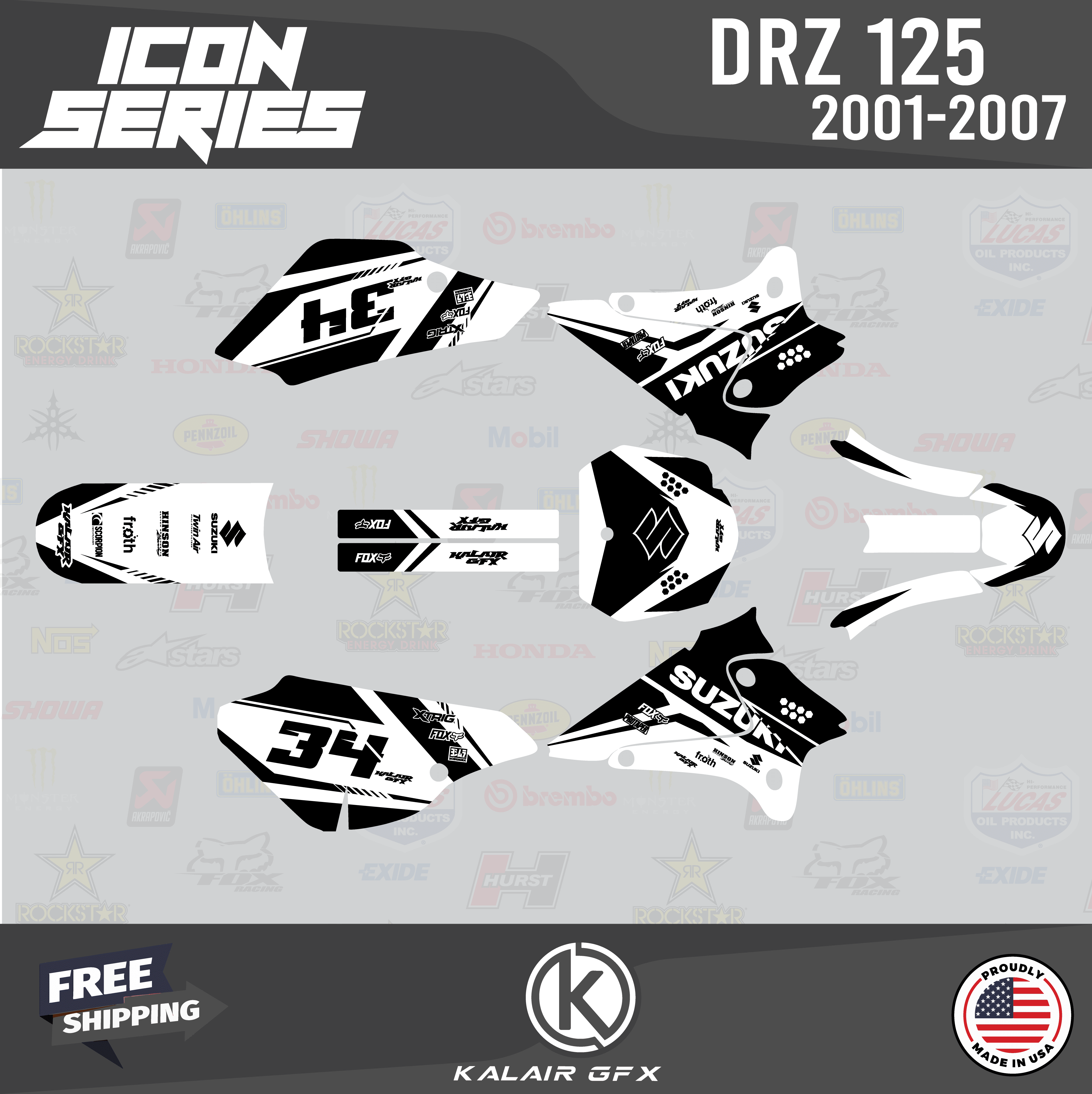 Kalair GFX Graphics Kit for Suzuki DRZ125 (2001-2007) Icon Series ...