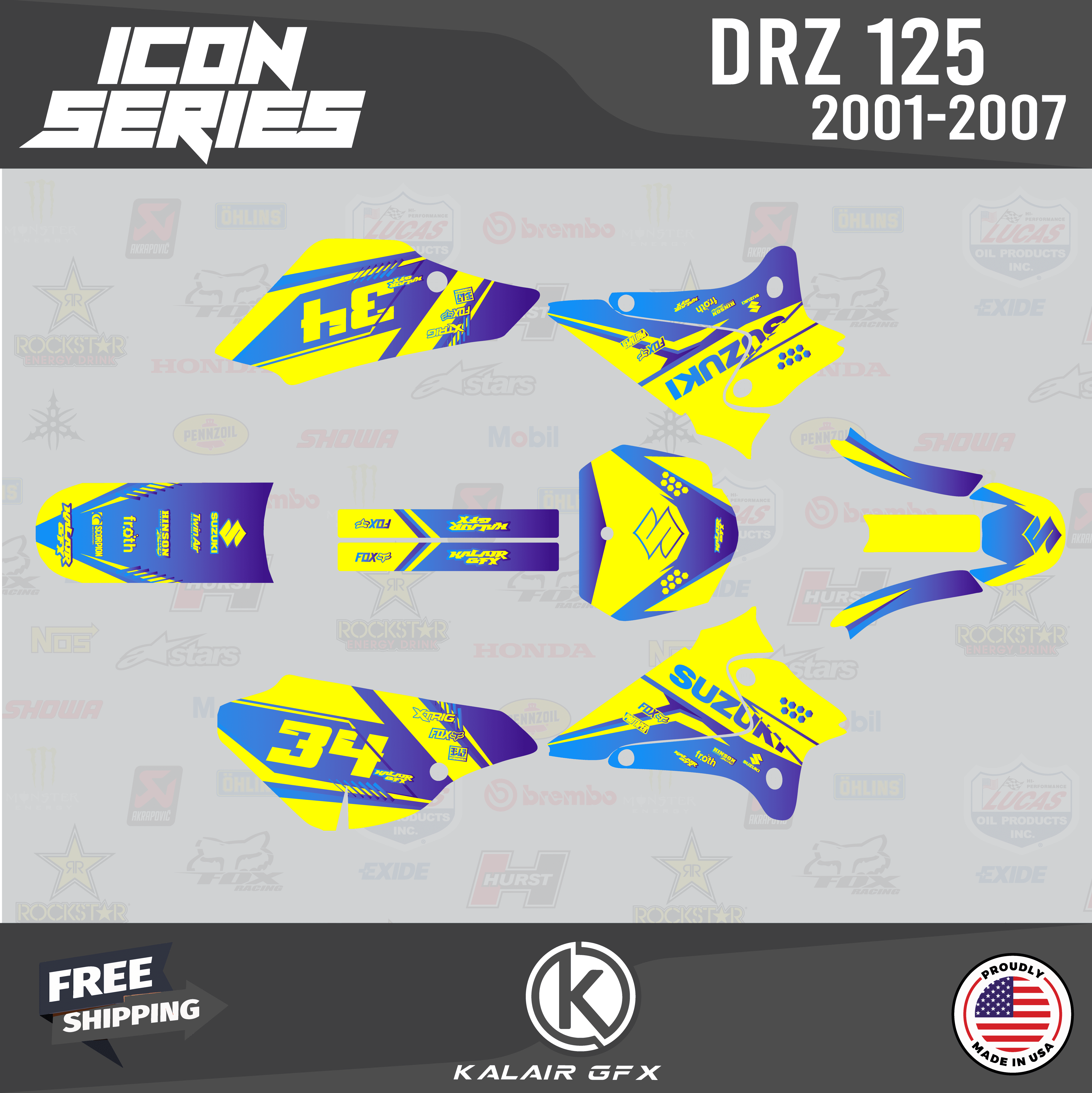 Kalair GFX Graphics Kit for Suzuki DRZ125 (2001-2007) Icon Series ...