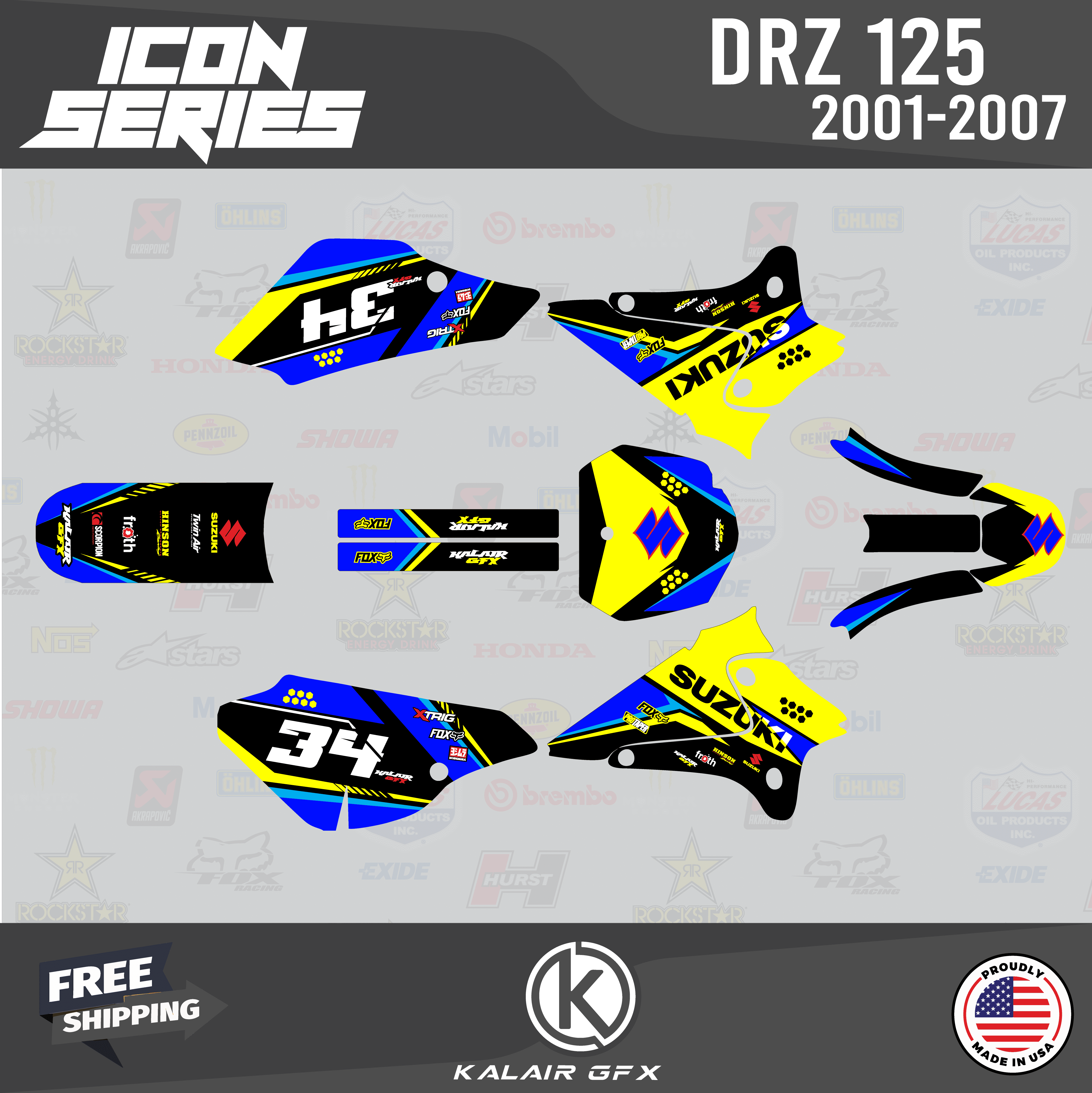 Kalair GFX Graphics Kit for Suzuki DRZ125 (2001-2007) Icon Series ...