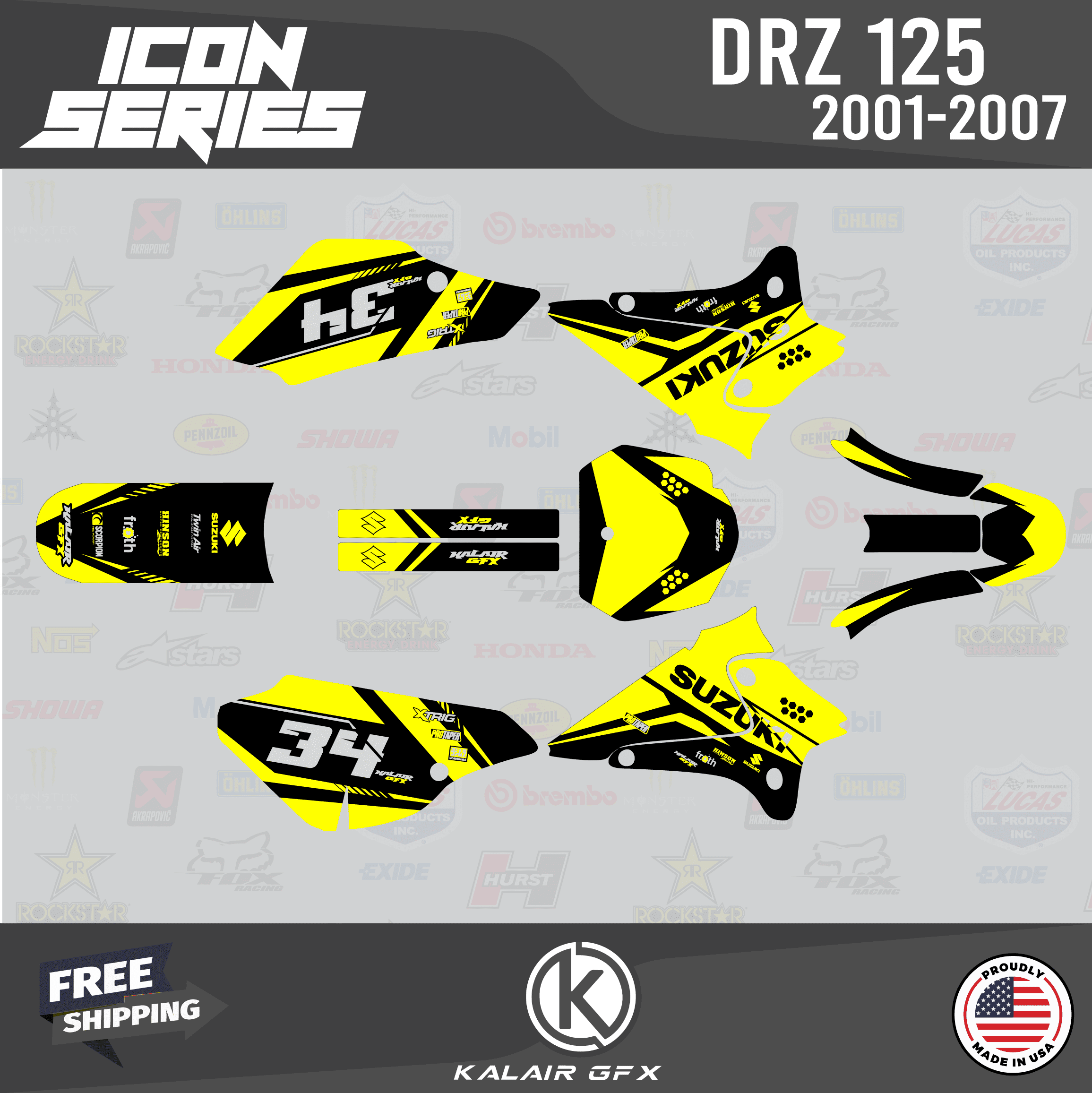 Kalair GFX Graphics Kit for Suzuki DRZ125 (2001-2007) Icon Series ...