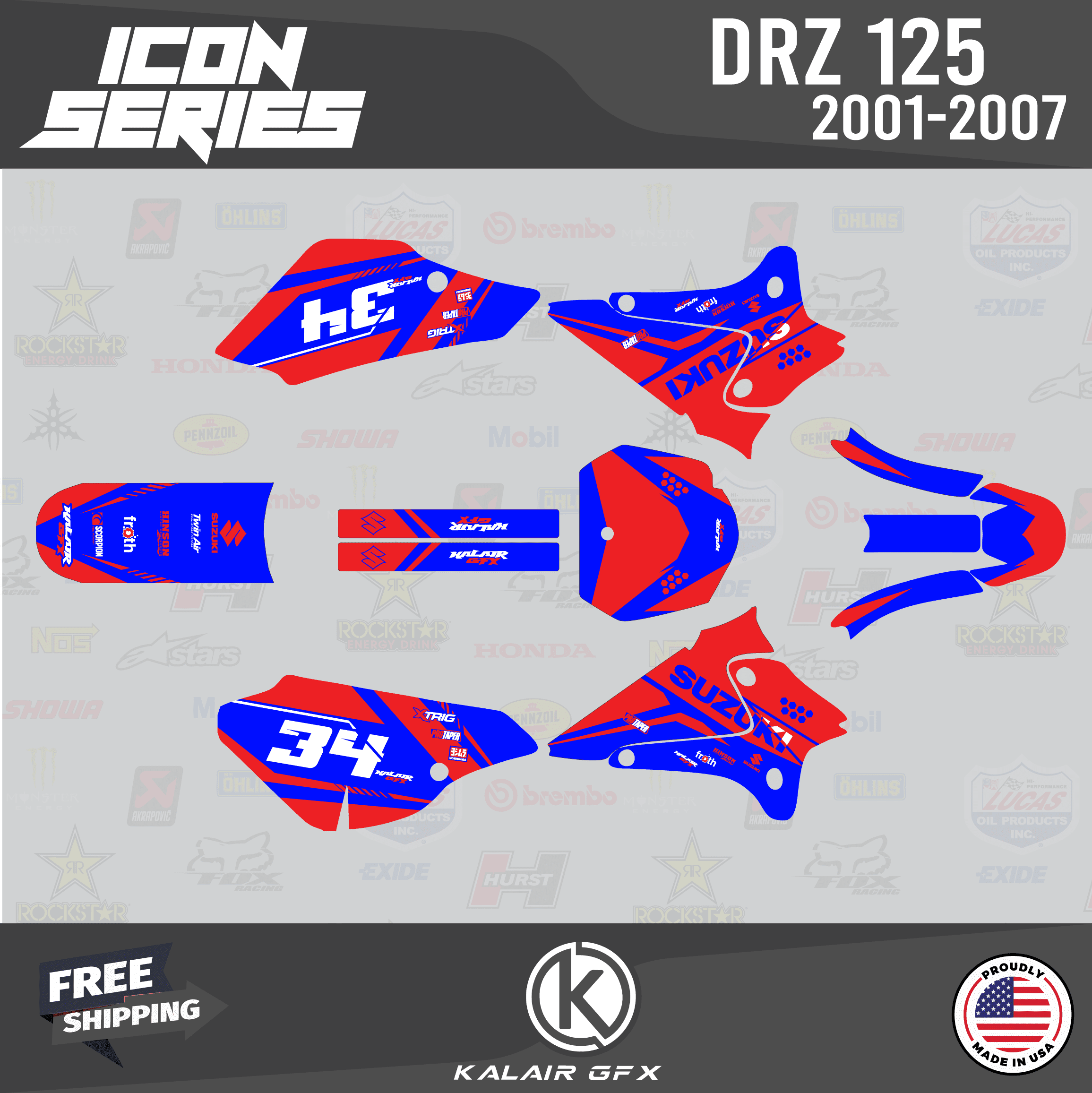 Kalair GFX Graphics Kit for Suzuki DRZ125 (2001-2007) Icon Series ...