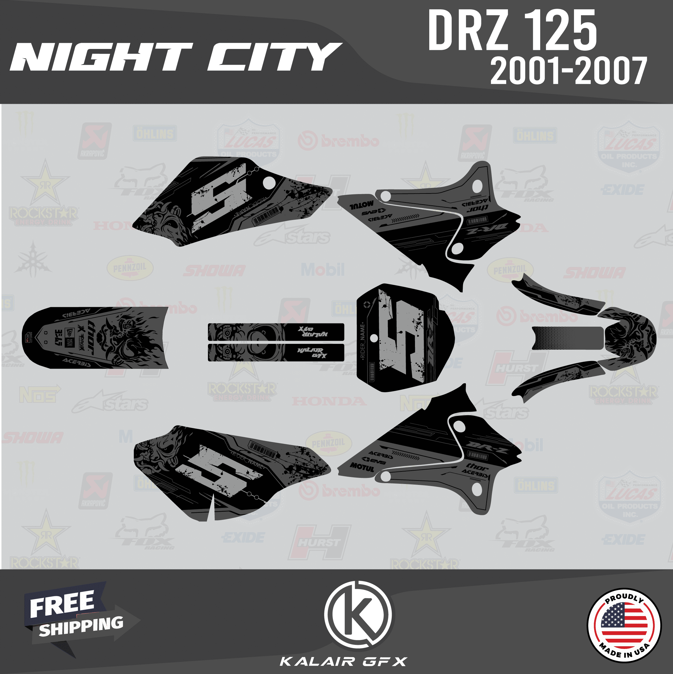 Kalair GFX Graphics Kit for Suzuki DRZ125 (2001-2007) Night-city Series ...