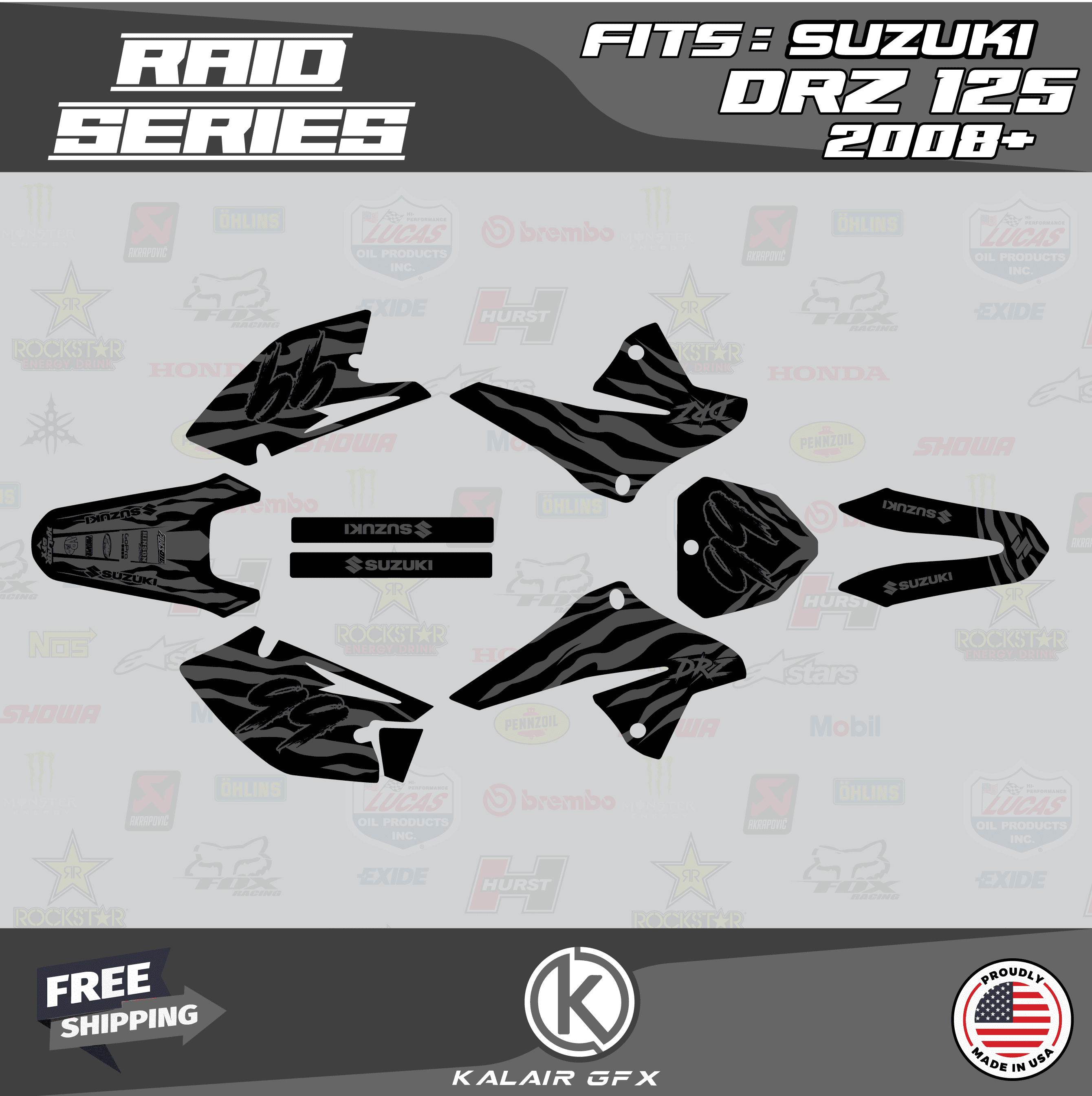 Kalair GFX Graphics Kit for Suzuki DRZ125 (2008-2021) Raid Series ...