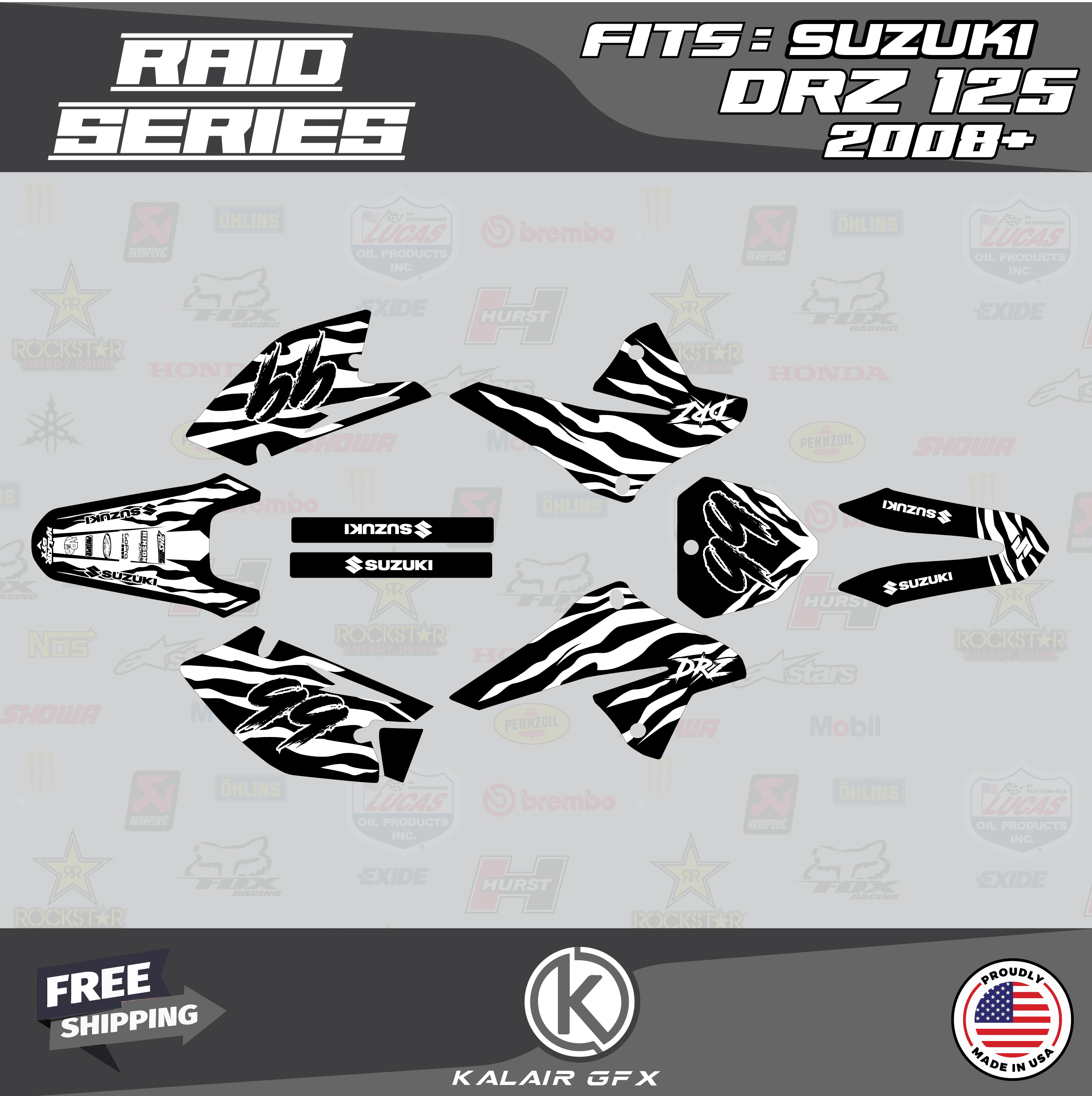 Kalair GFX Graphics Kit for Suzuki DRZ125 (2008-2021) Raid Series ...