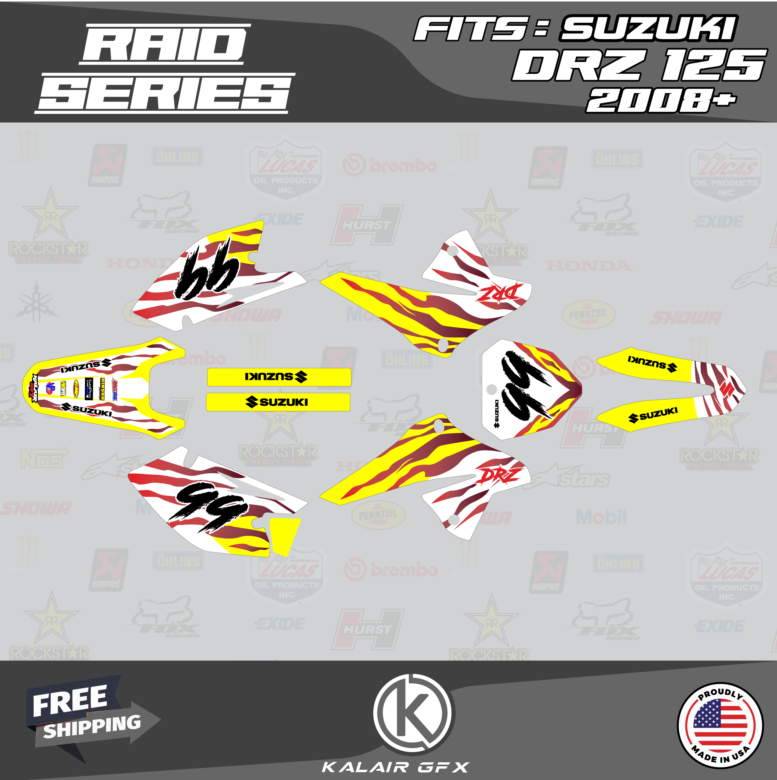 Kalair GFX Graphics Kit for Suzuki DRZ125 (2008-2021) Raid Series ...
