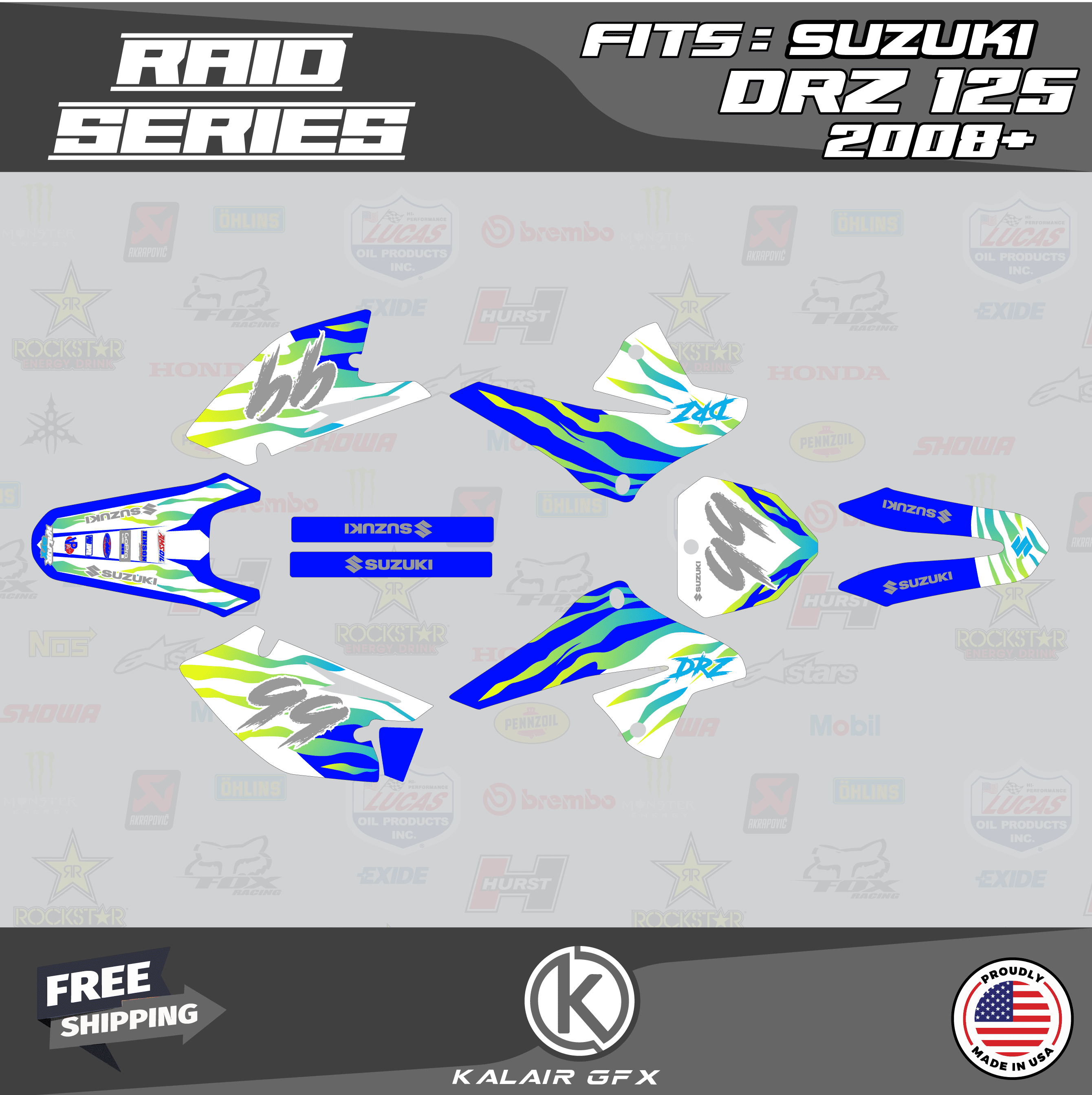 Kalair GFX Graphics Kit for Suzuki DRZ125 (2008-2021) Raid Series ...