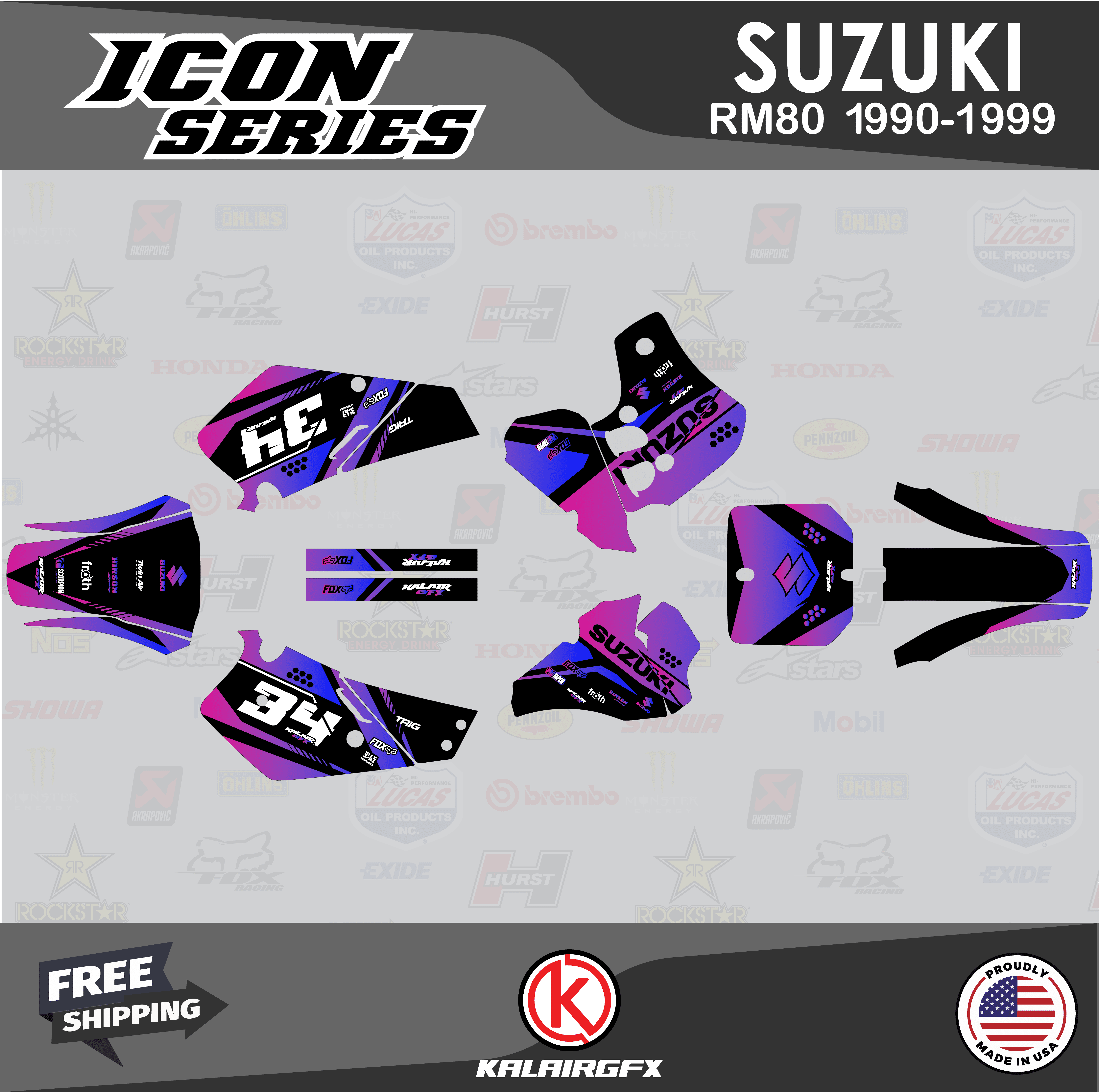 Kalair GFX Graphics Kit for Suzuki RM80 (1990-1999) Icon Series ...