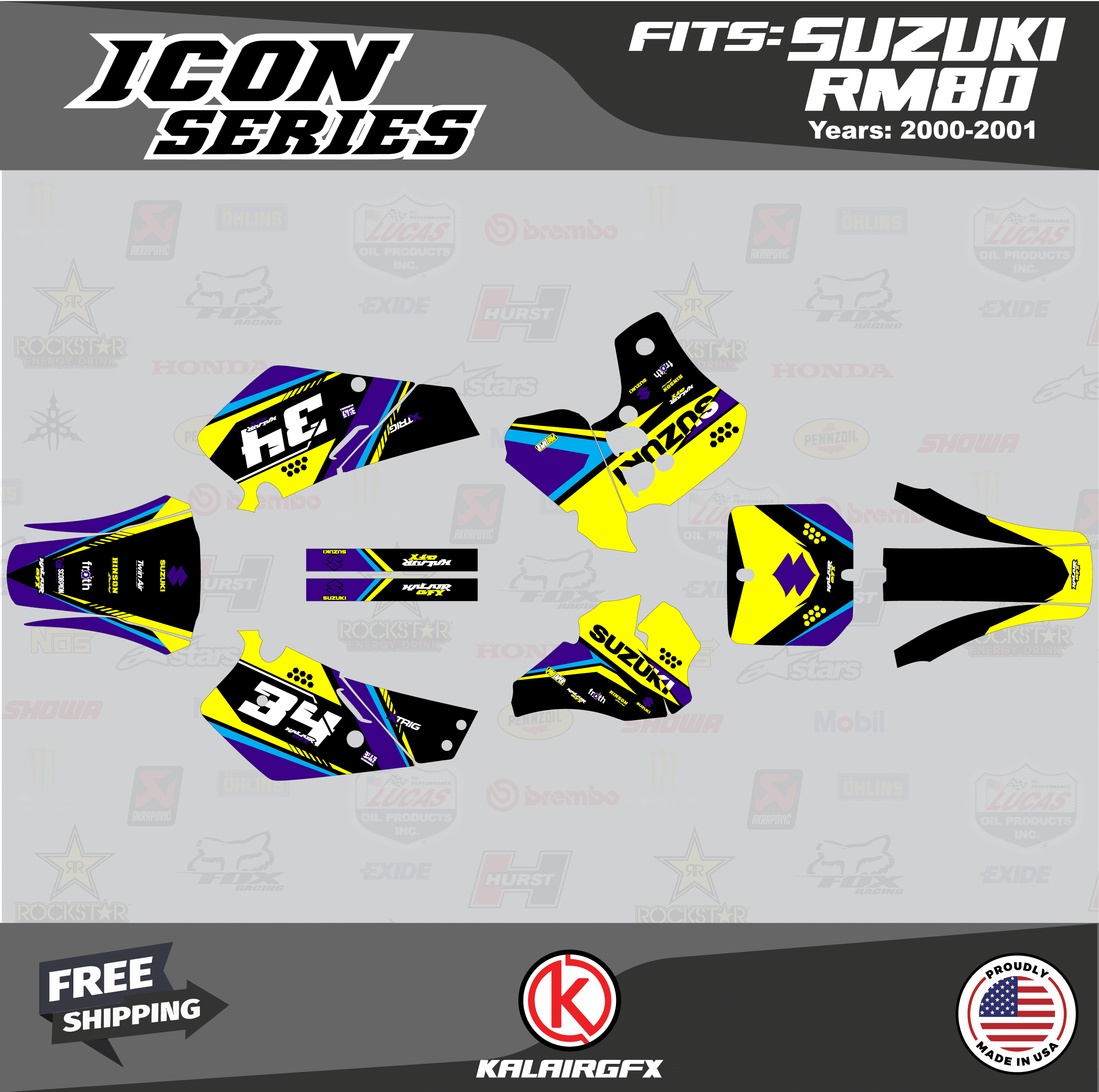 Kalair GFX Graphics Kit for Suzuki RM80 (2000-2001) Icon Series ...