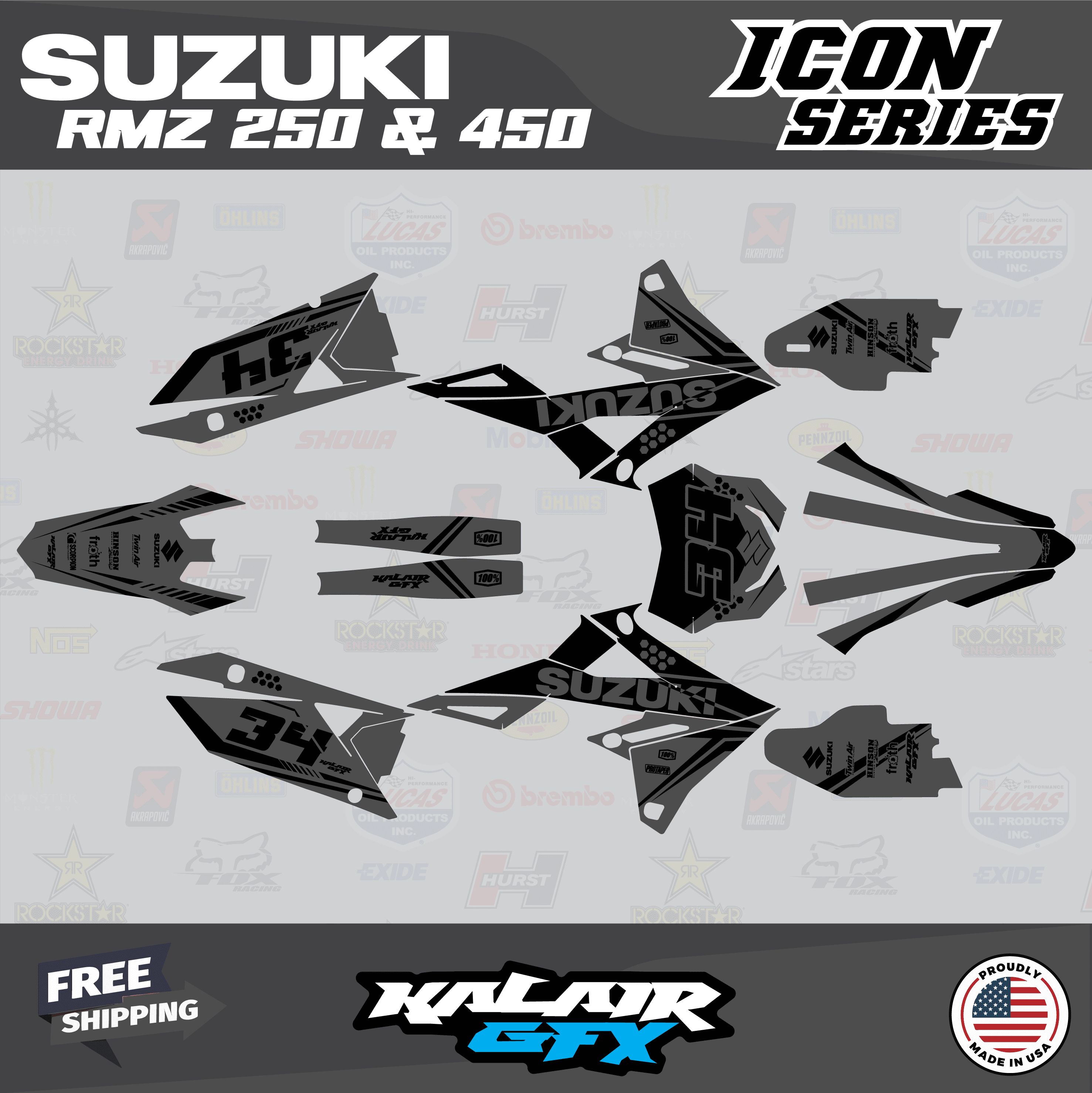 Kalair GFX Graphics Kit for Suzuki RMZ 250 (2019-2023) Icon Series ...