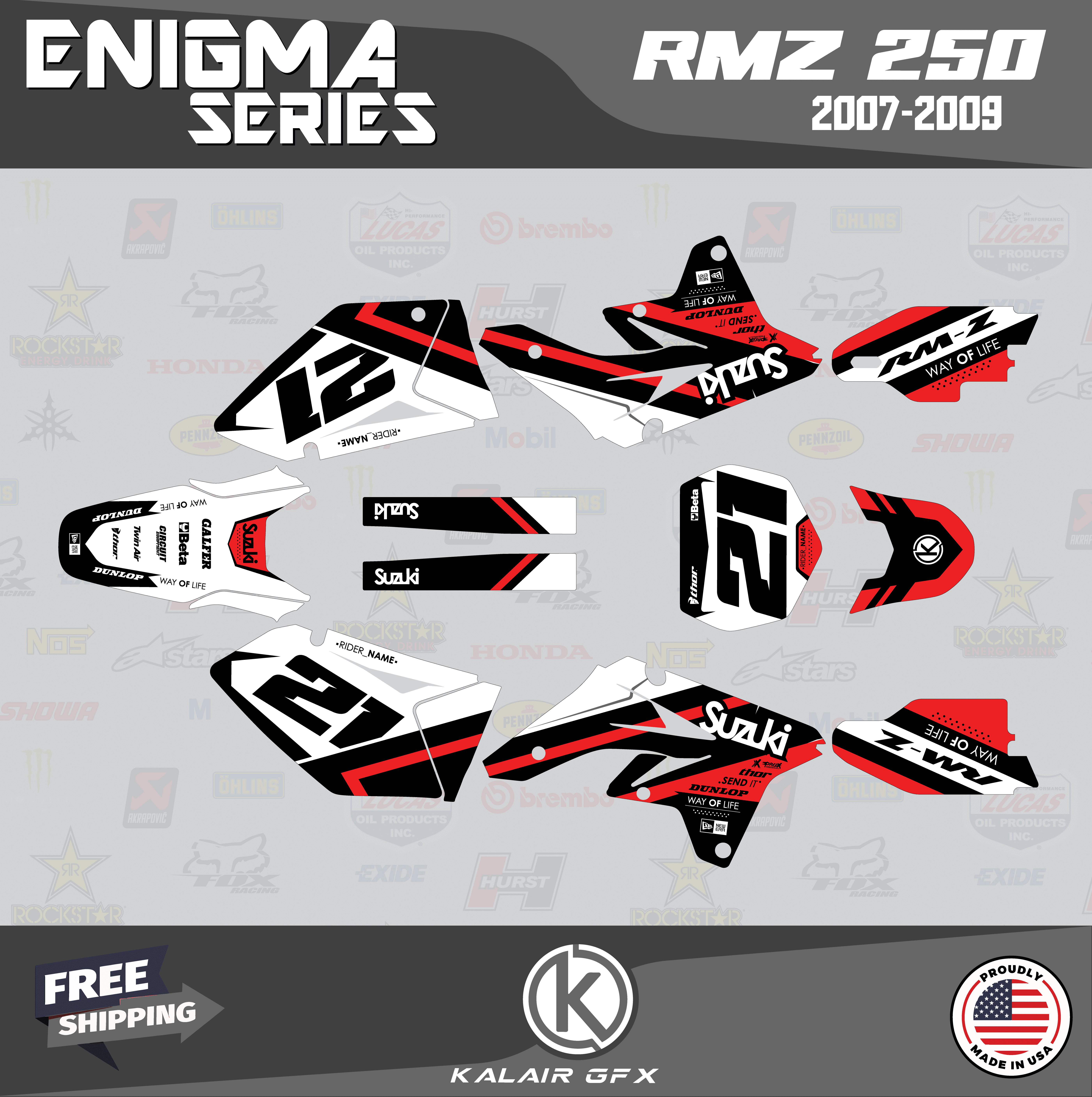 Kalair GFX Graphics Kit for Suzuki RMZ250 (2007-2009) Enigma Series ...