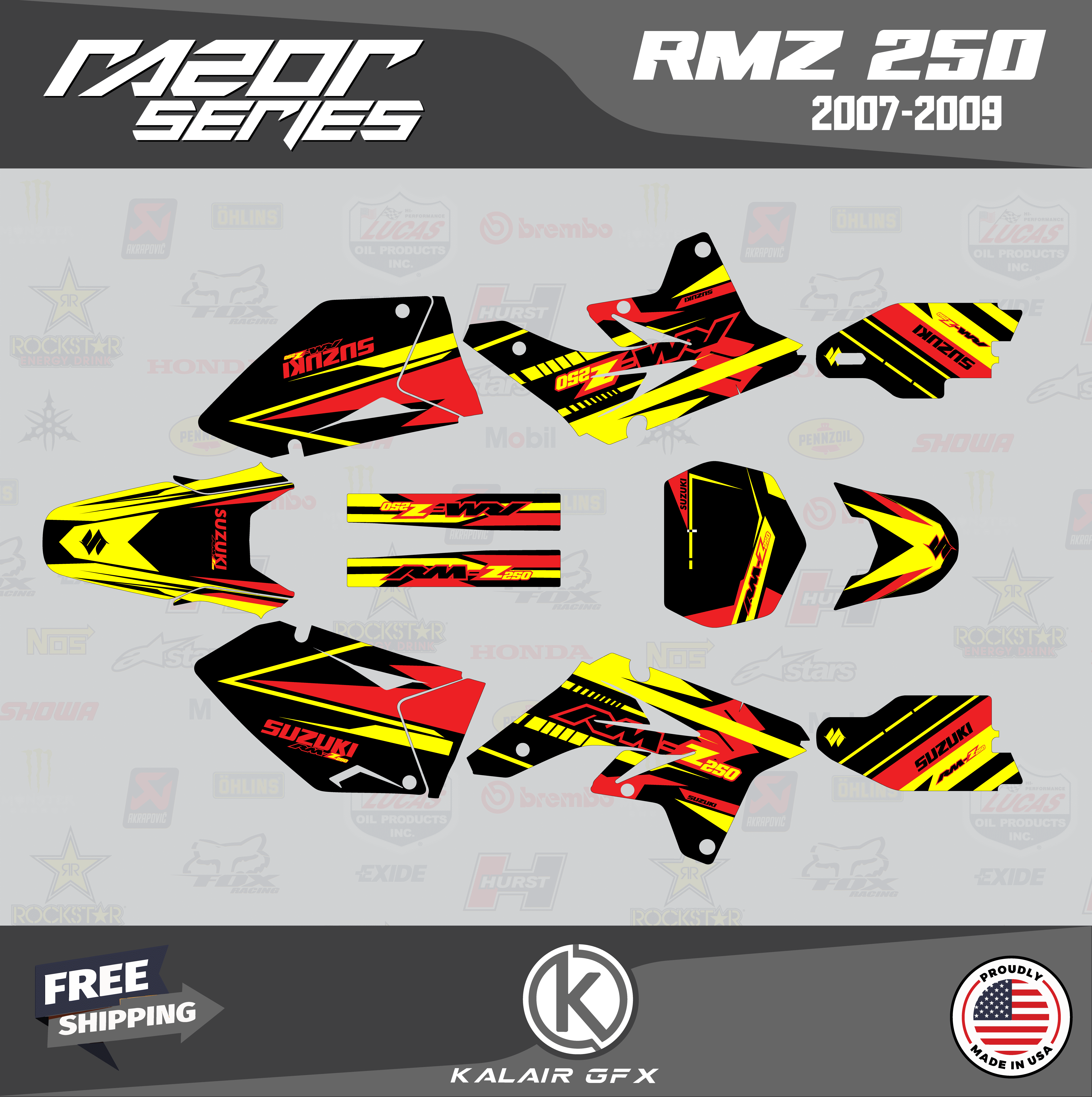 Kalair GFX Graphics Kit for Suzuki RMZ250 (2007-2009) Razor Series ...