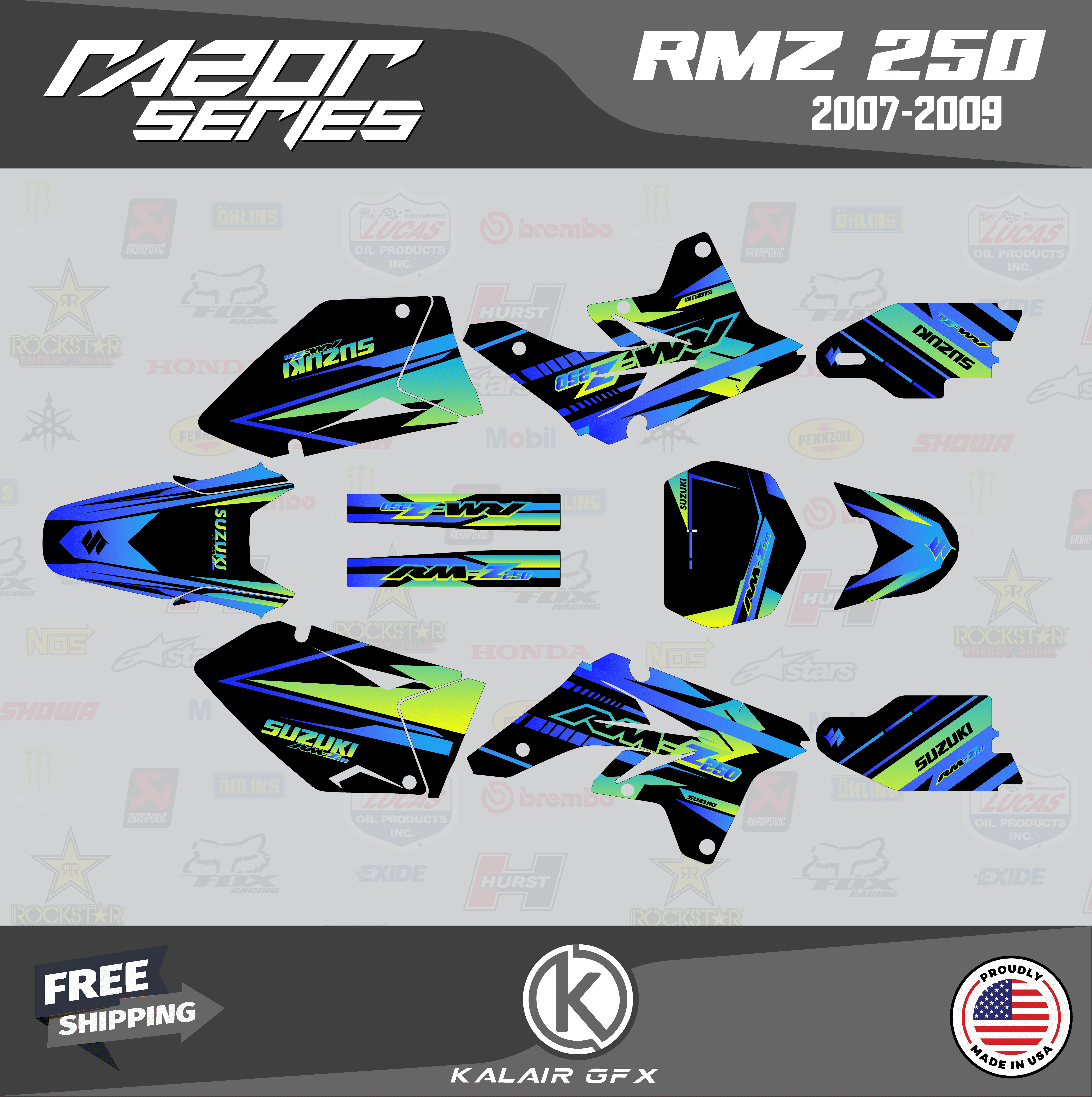 Kalair GFX Graphics Kit for Suzuki RMZ250 (2007-2009) Razor Series ...