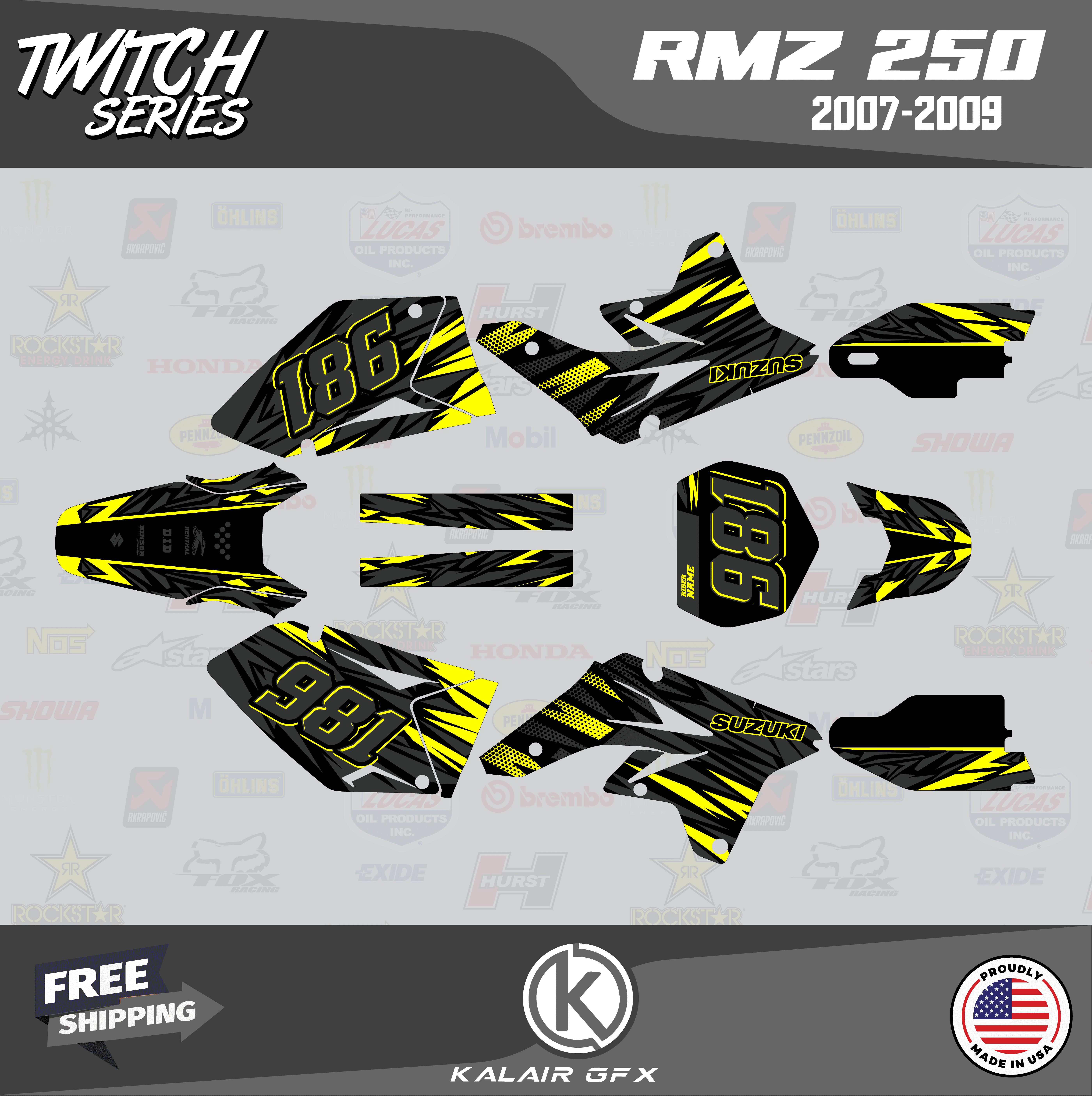 Kalair GFX Graphics Kit for Suzuki RMZ250 (2007-2009) Twitch Series ...