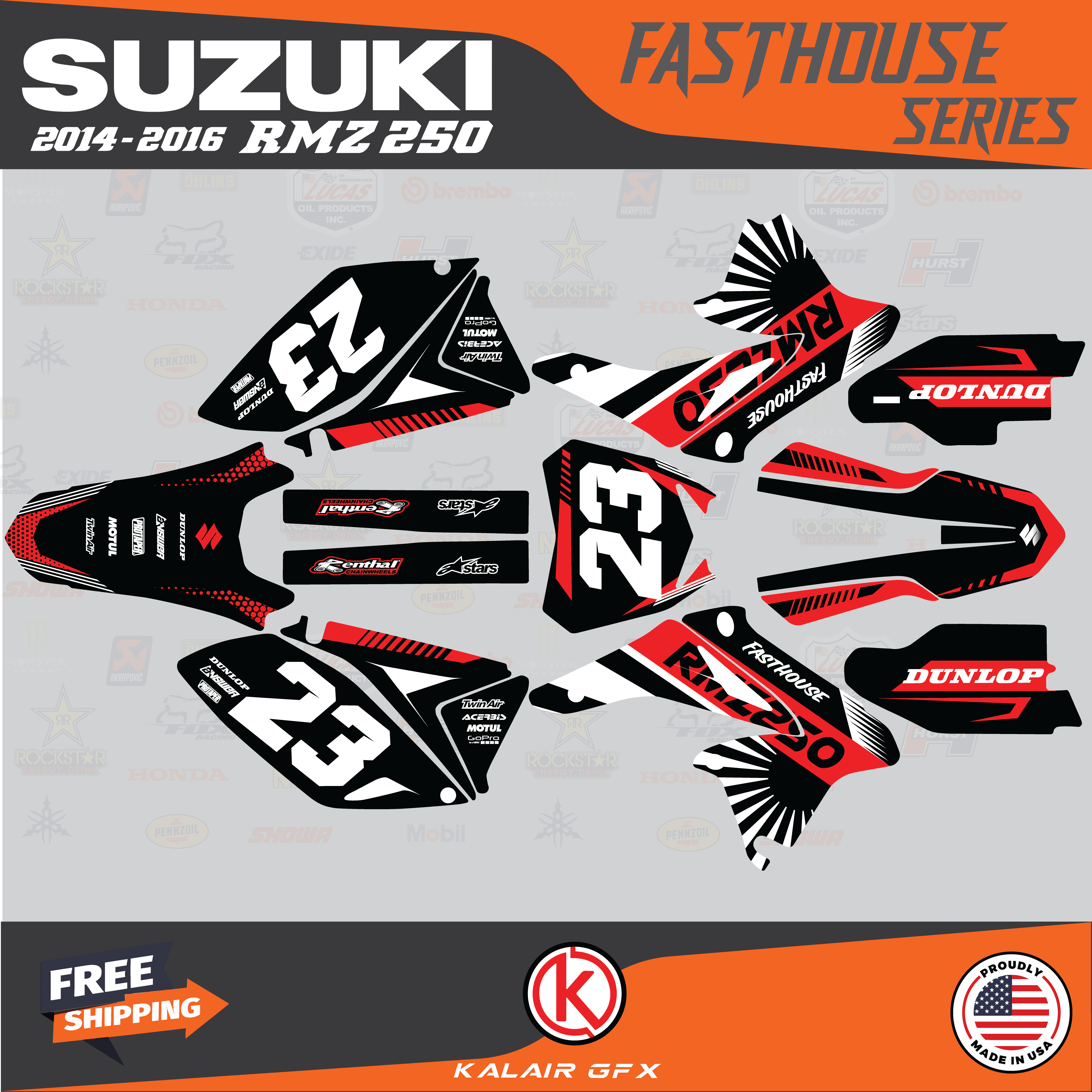 Kalair GFX Graphics Kit for Suzuki RMZ250 (2014-2016) Fasthouse Series ...