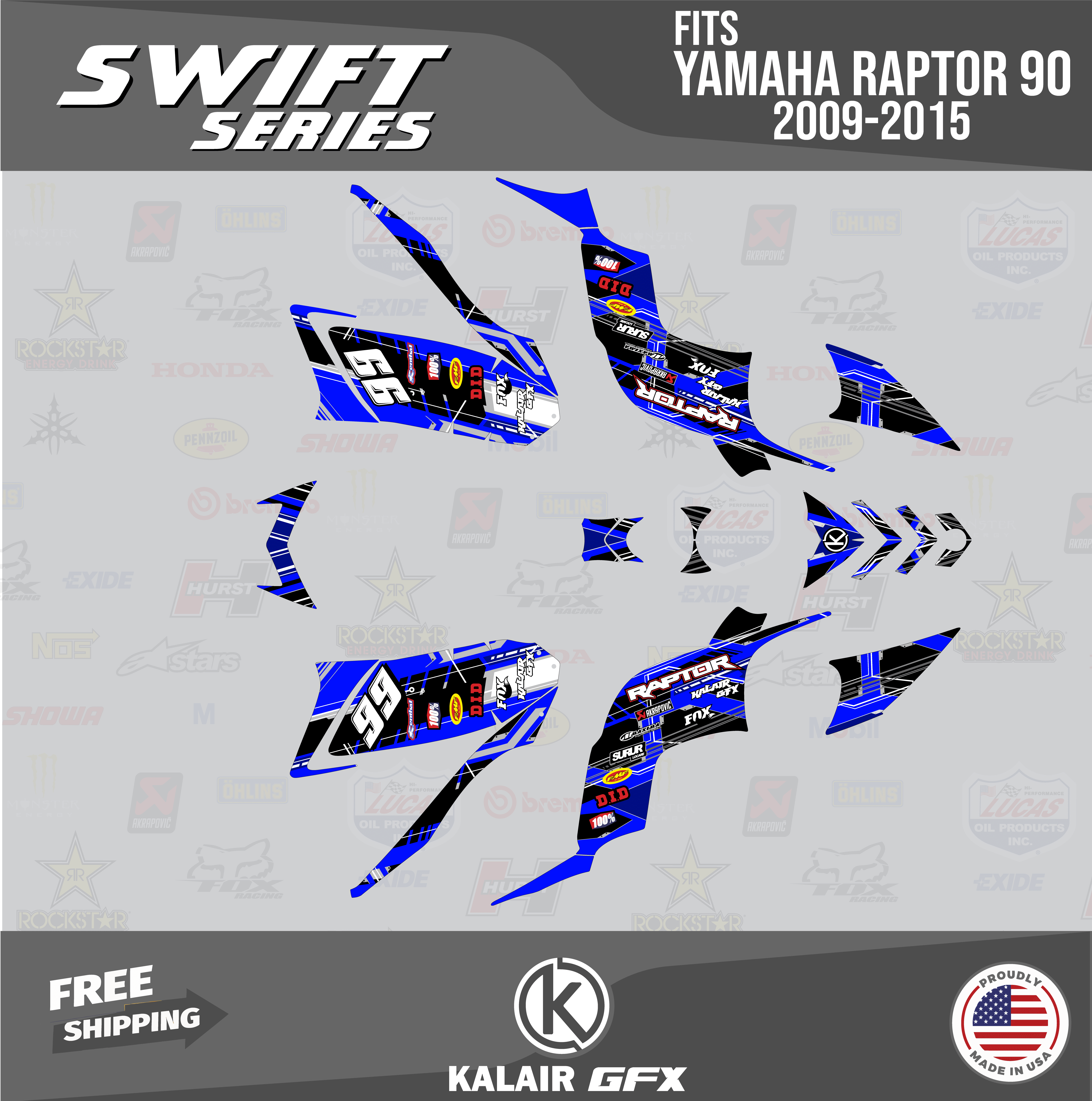 Kalair GFX Graphics Kit for Yamaha ATV RAPTOR 90 (2009-2015) Swift ...
