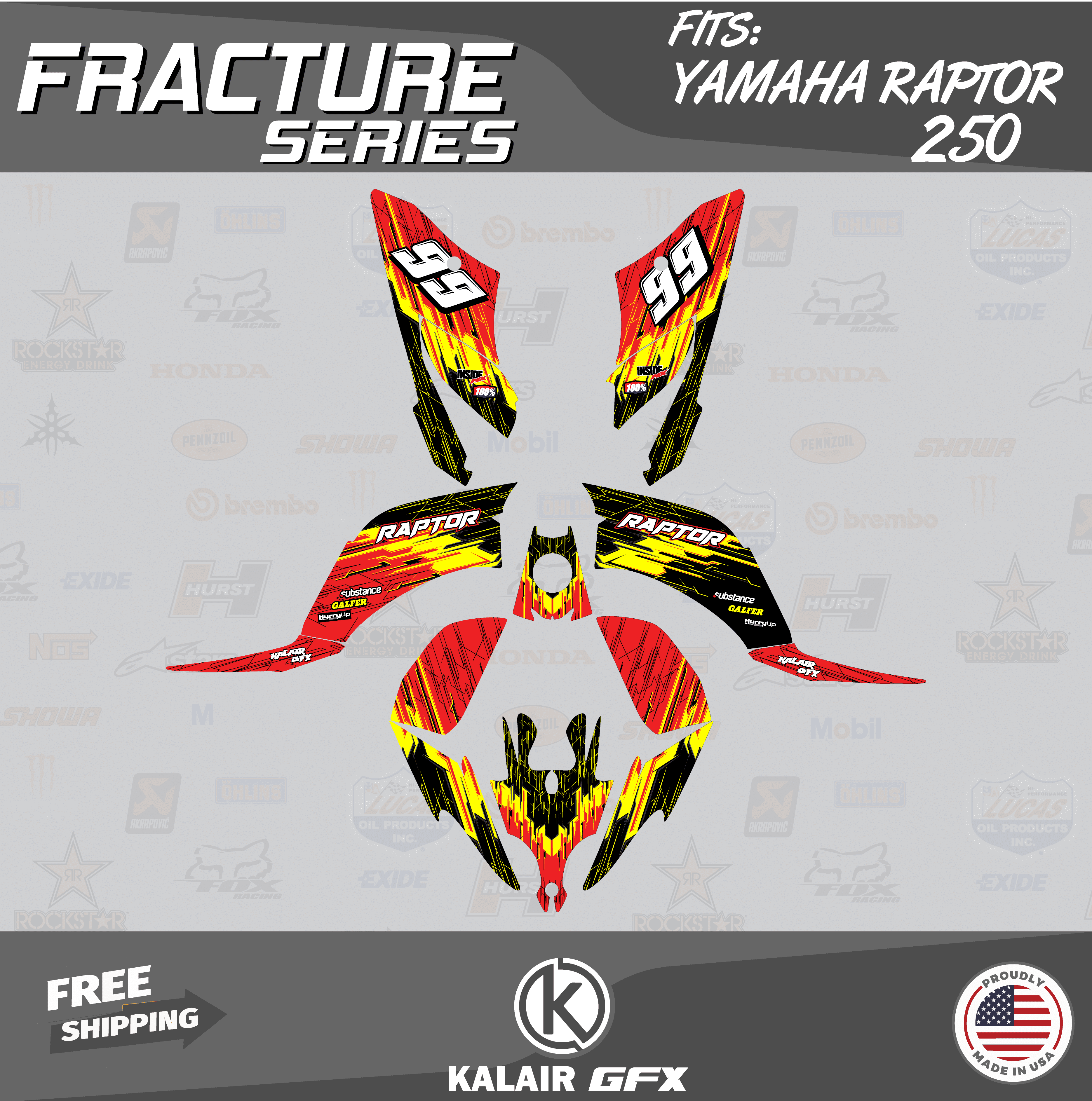 Kalair GFX Graphics Kit for Yamaha ATV Raptor 250 (All Years) Fracture ...
