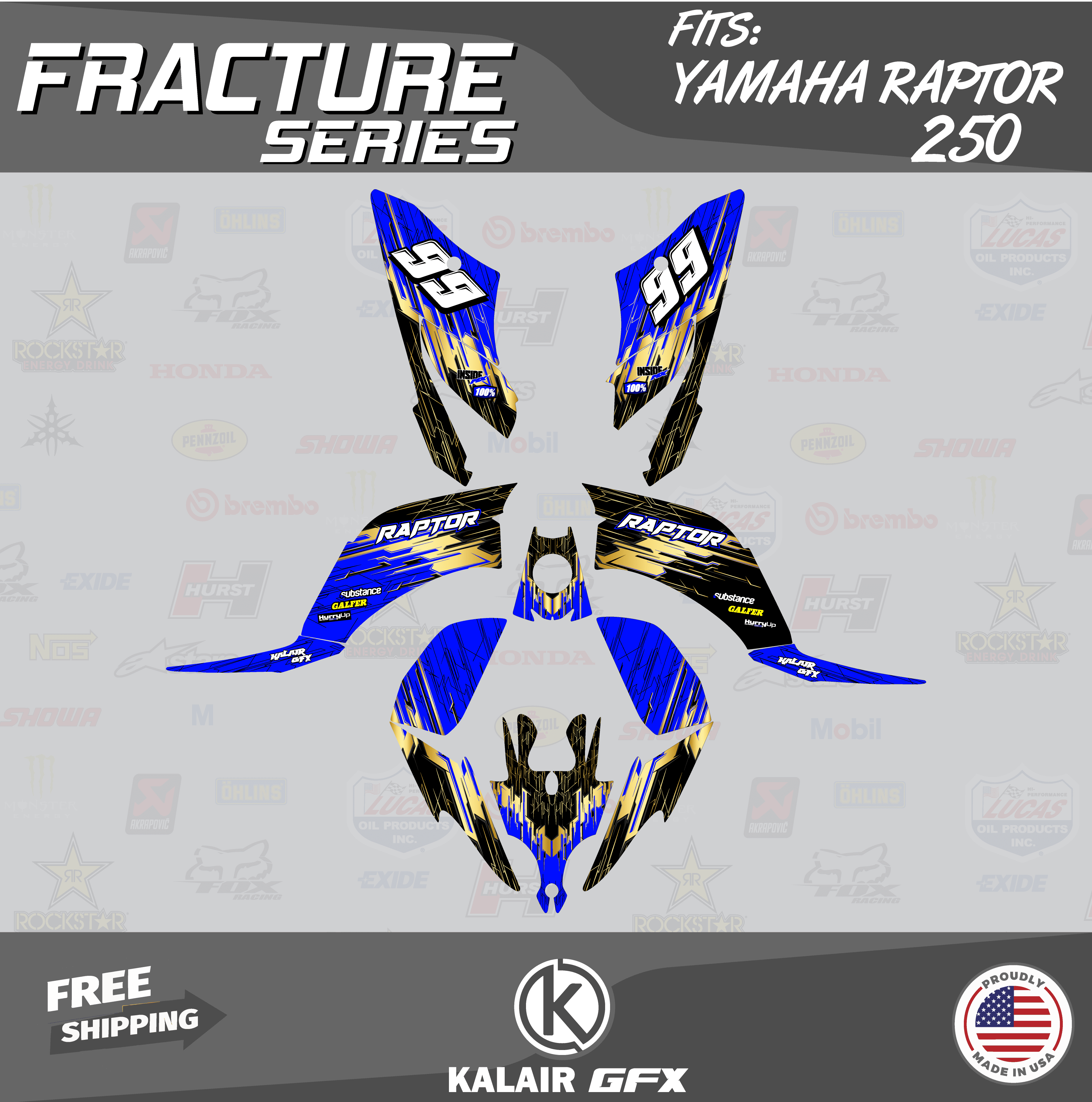 Kalair GFX Graphics Kit for Yamaha ATV Raptor 250 (All Years) Fracture ...