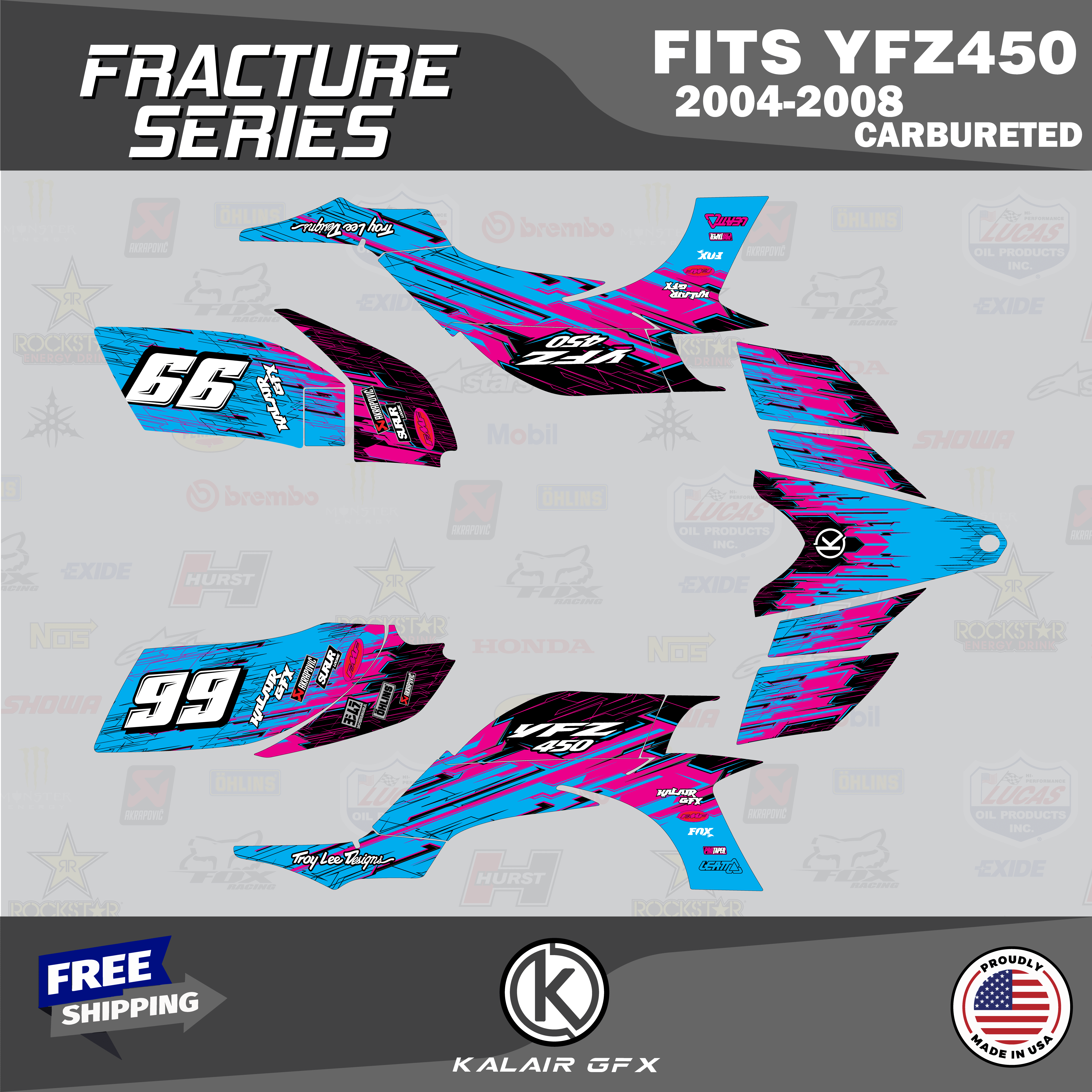 Kalair GFX Graphics Kit for Yamaha ATV YFZ 450 Carburator (2004-2008) Fracture Series - Walmart.com