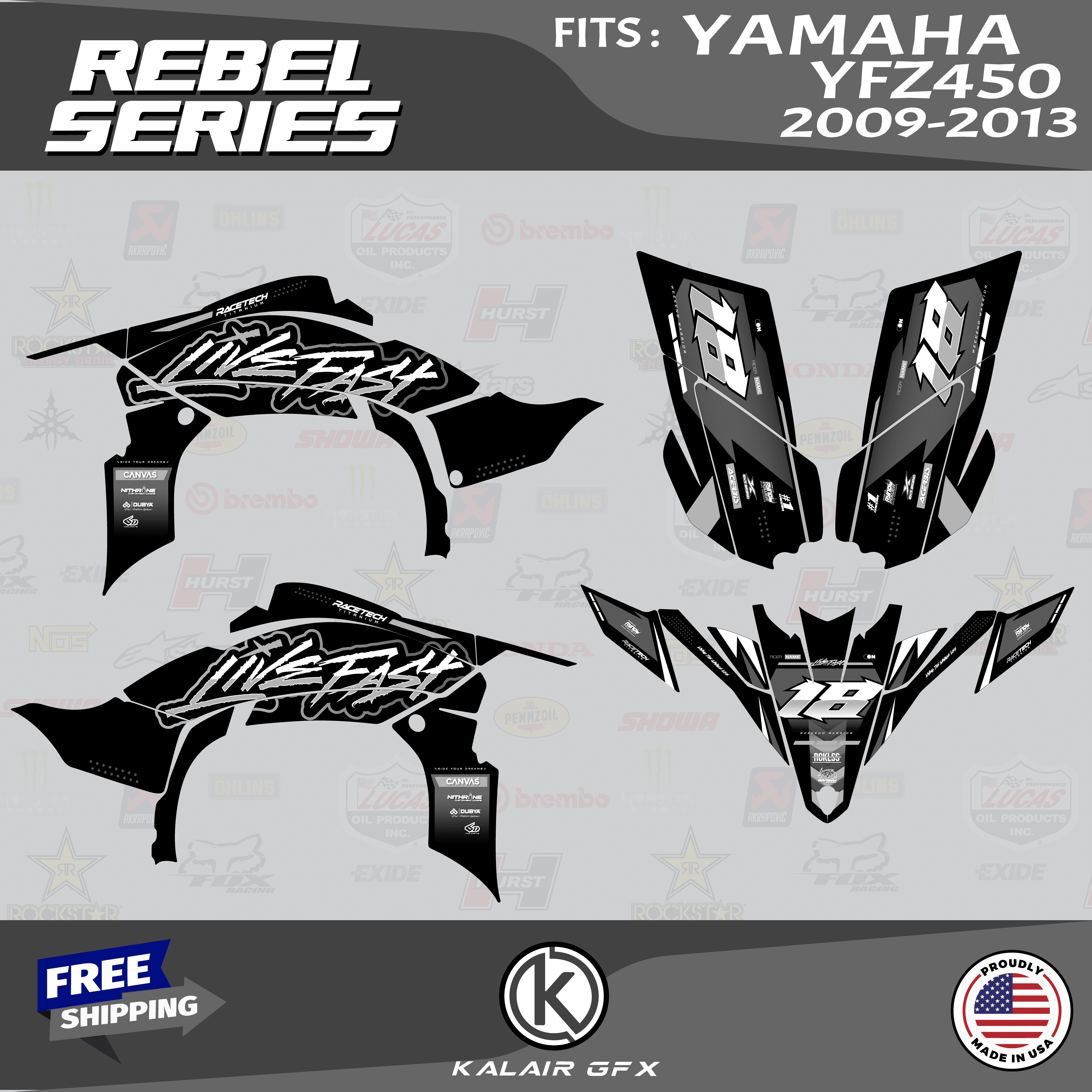 Kalair GFX Graphics Kit for Yamaha ATV YFZ450R Rebel Series - Walmart.com