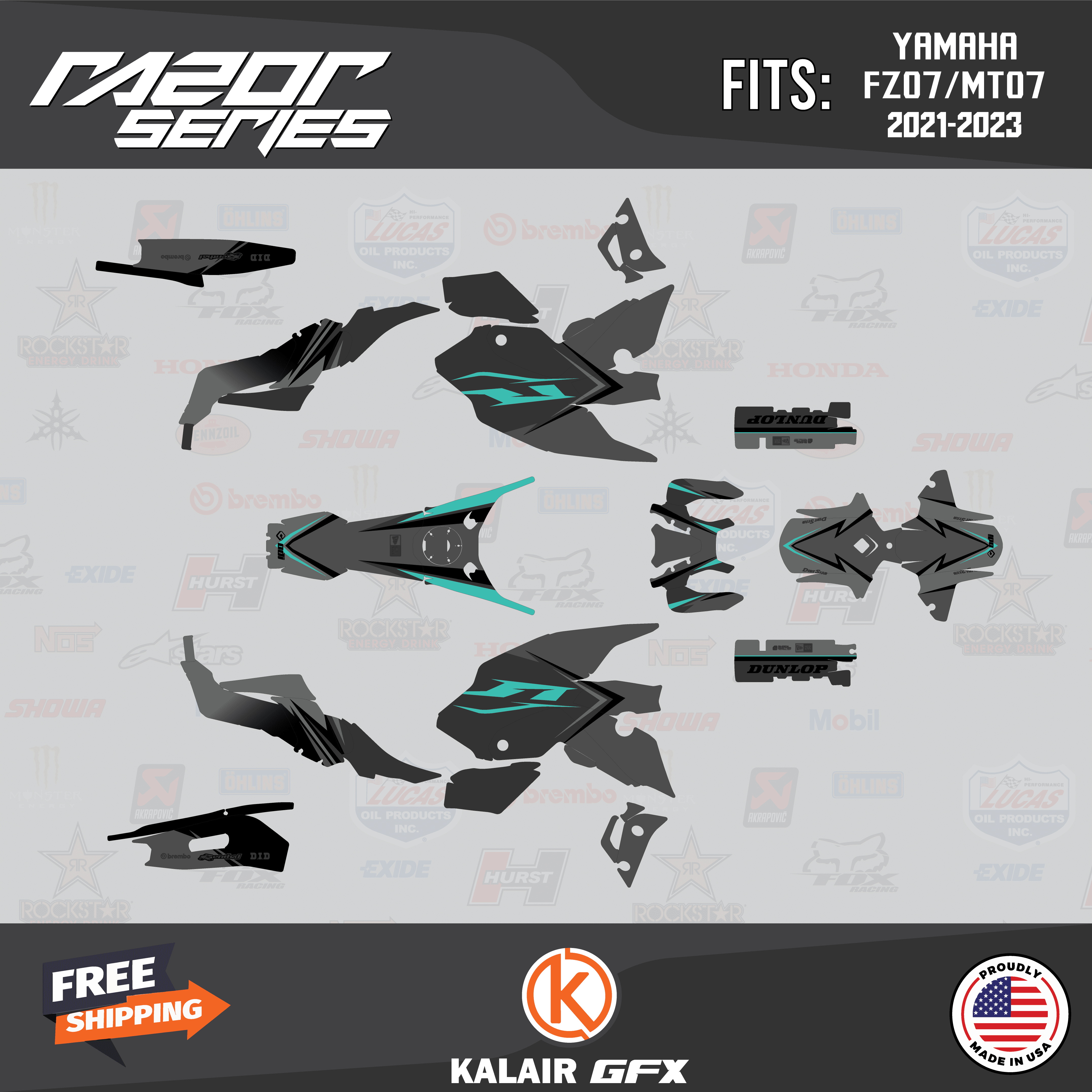 Kalair GFX Graphics Kit for Yamaha FZ-07 MT-07 (2021-2023) Razor Series ...
