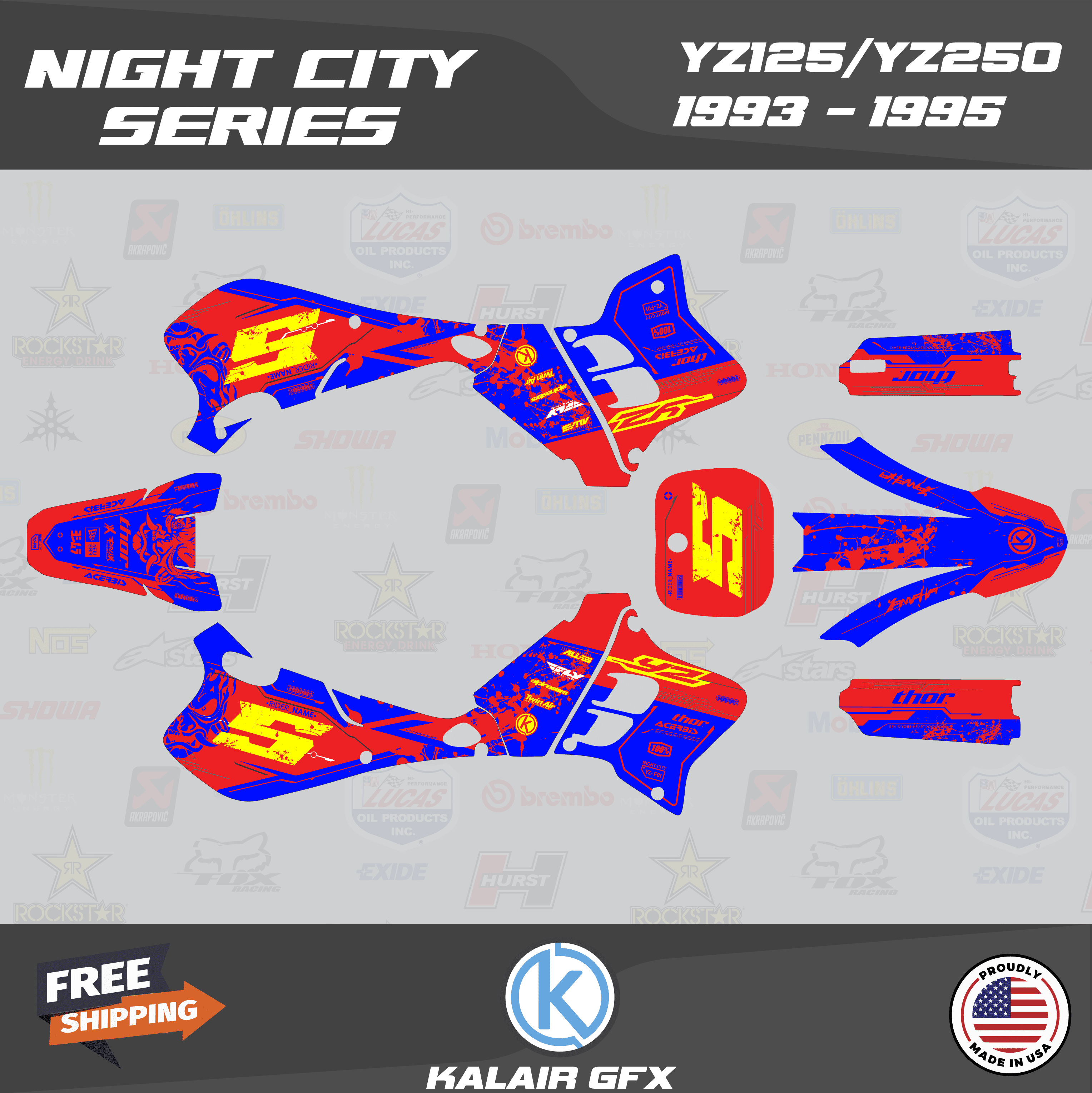 Kalair GFX Graphics Kit for Yamaha YZ125 (1993-1995) Night-city Series ...