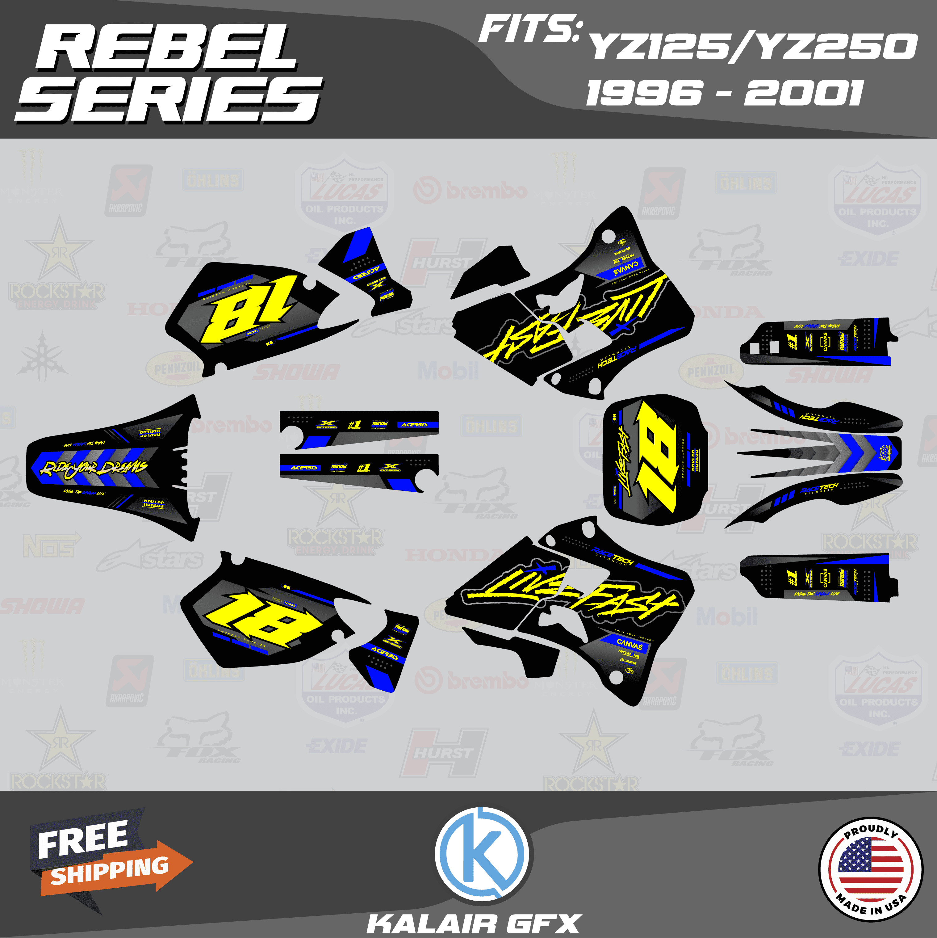 Kalair GFX Graphics Kit for Yamaha YZ125 (1996-2001) Rebel Series ...