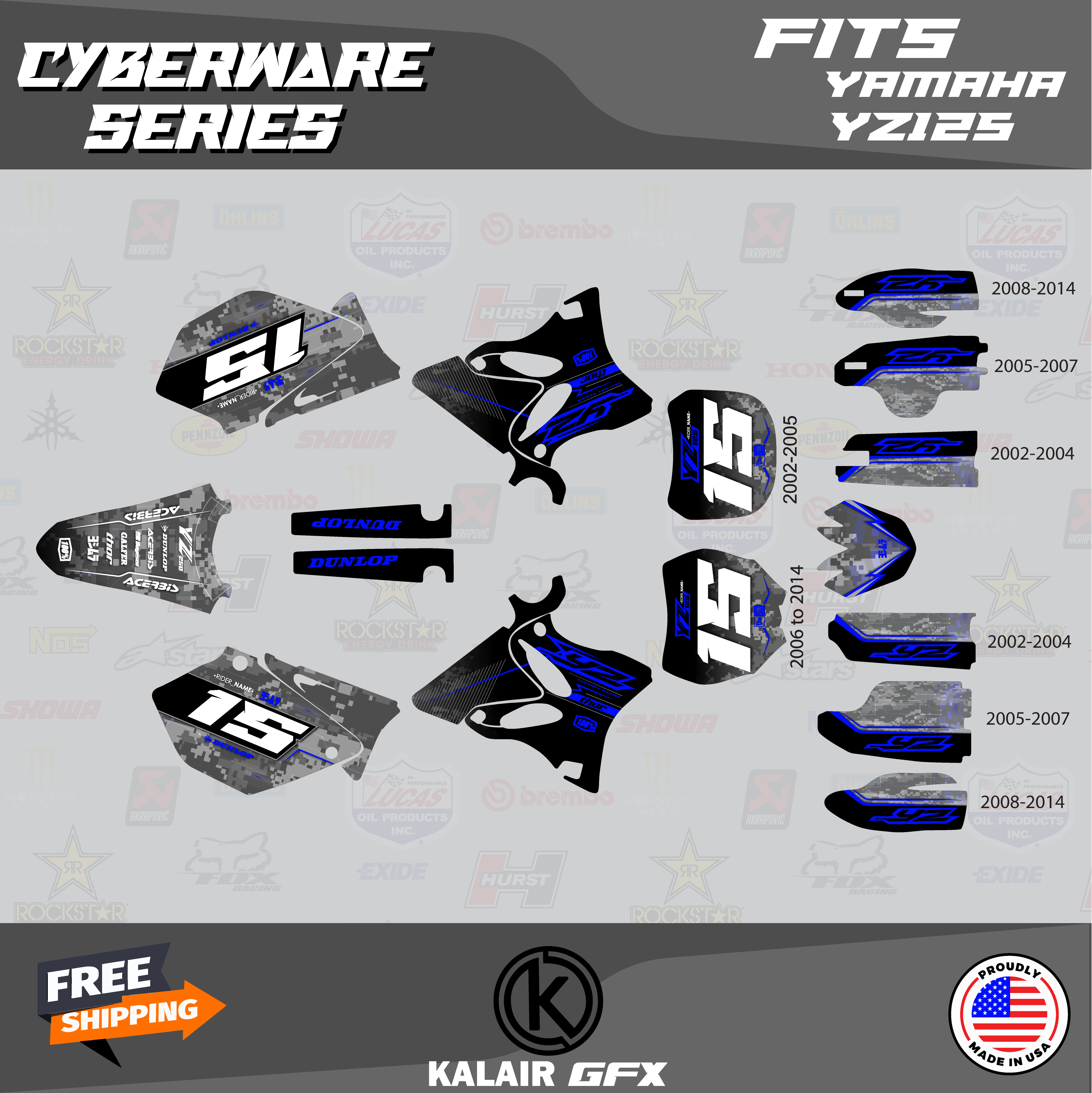 Kalair GFX Graphics Kit for Yamaha YZ125 (2008-2014) Cyberware Series ...