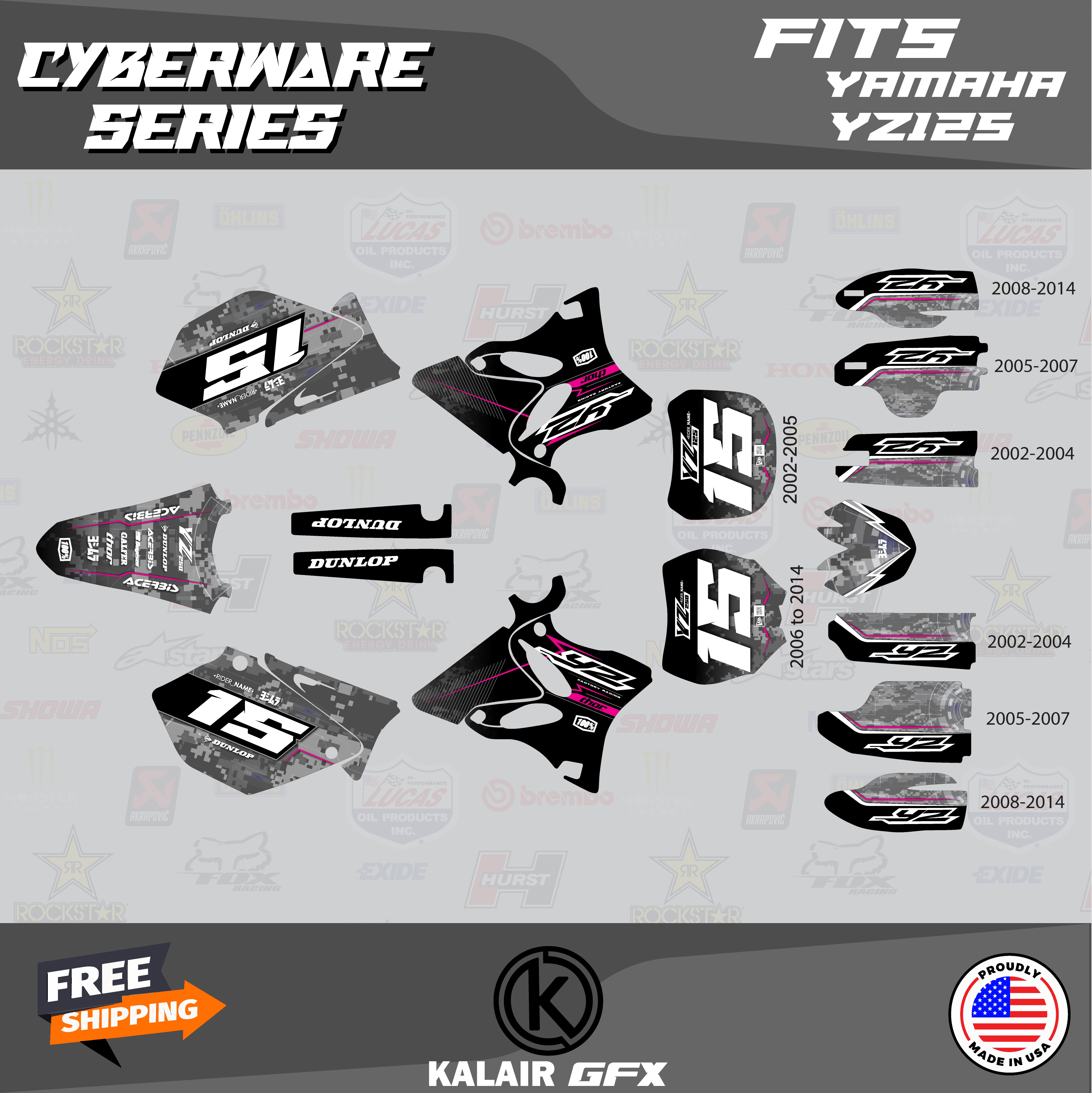 Kalair GFX Graphics Kit for Yamaha YZ125 (2008-2014) Cyberware Series ...