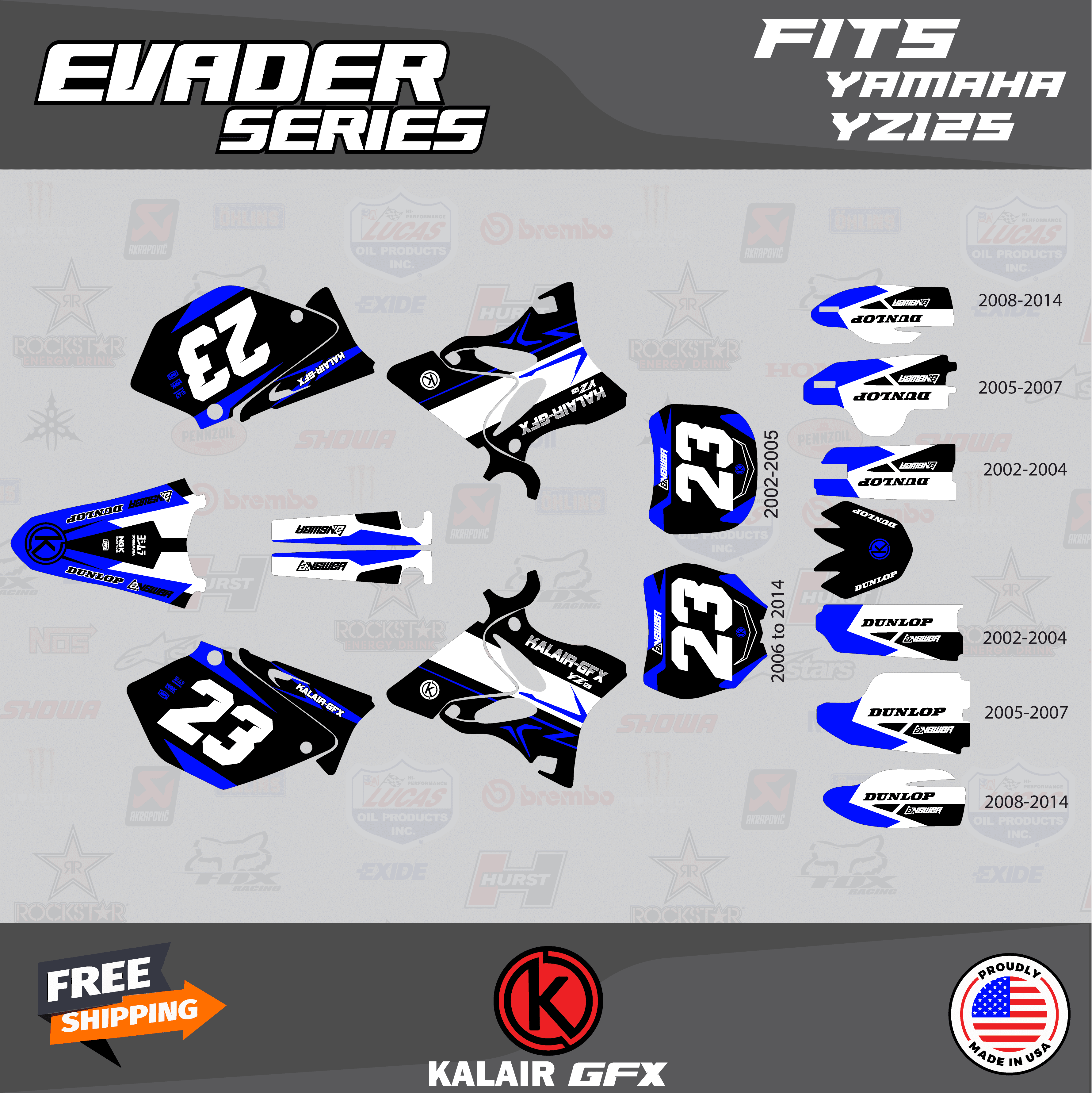 Kalair GFX Graphics Kit for Yamaha YZ125 (2008-2014) Evader Series ...