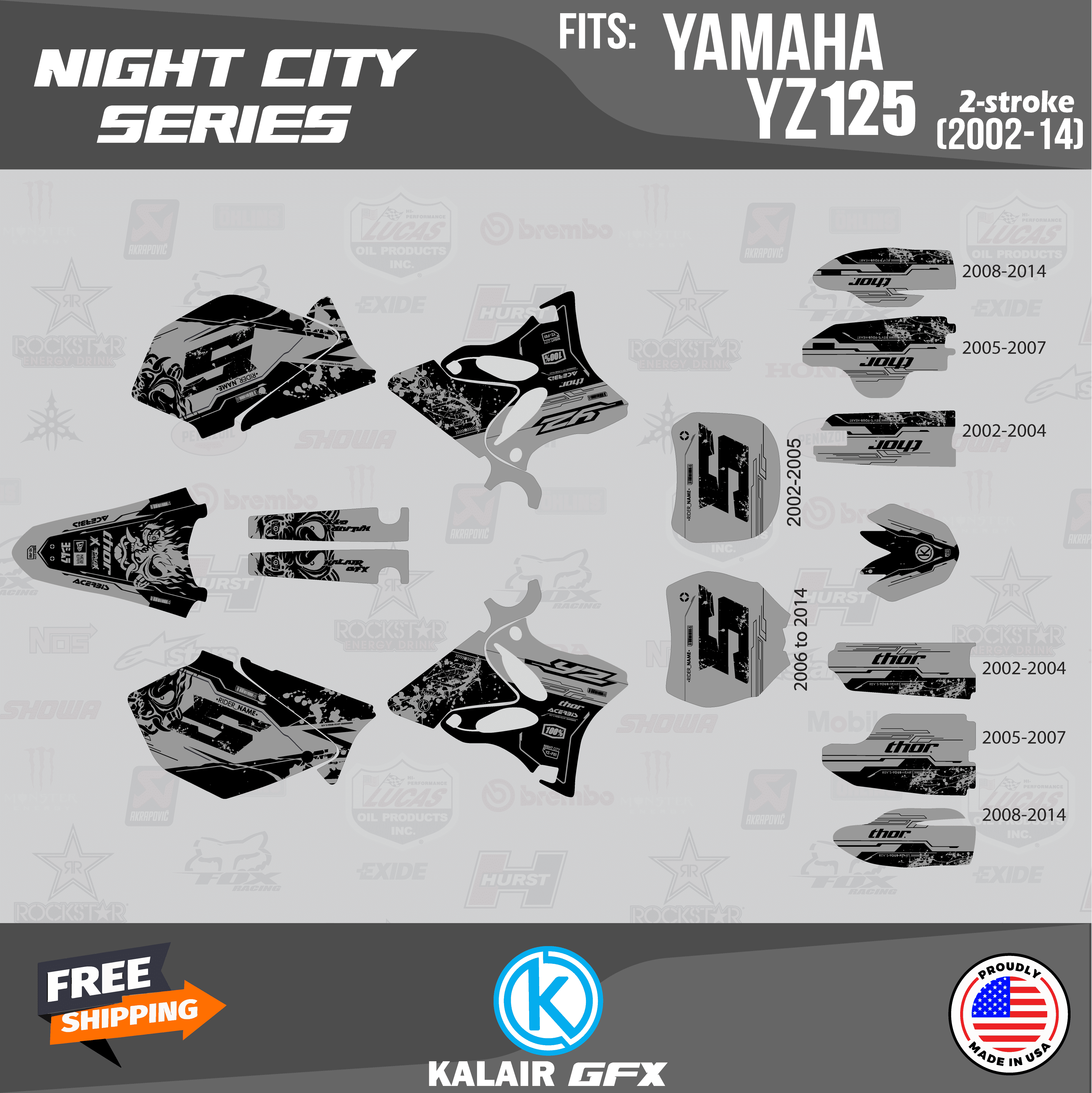 Kalair GFX Graphics Kit for Yamaha YZ125 (2008-2014) Nightcity Series ...