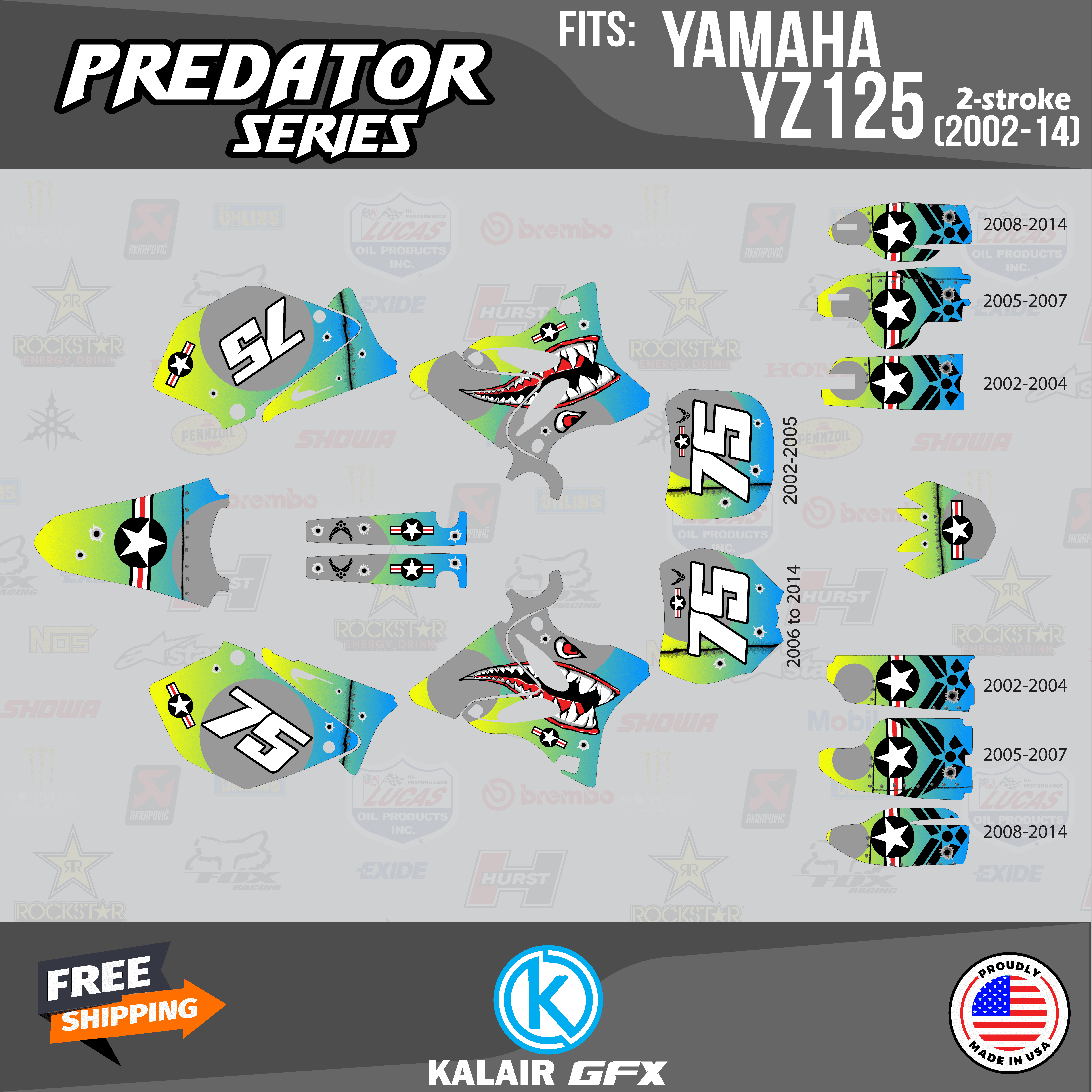 Kalair GFX Graphics Kit for Yamaha YZ125 (2008-2014) Predator Series ...