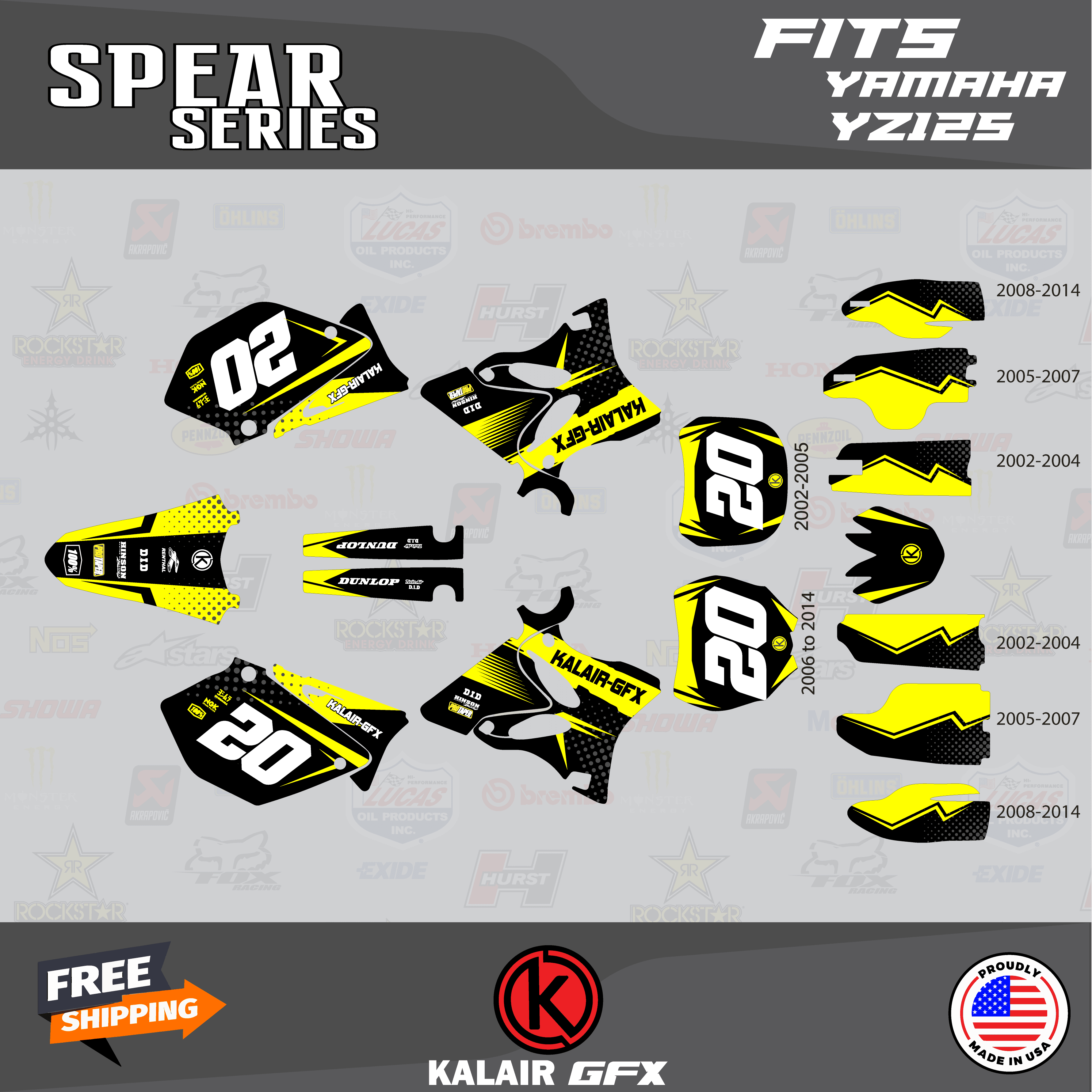 Kalair GFX Graphics Kit for Yamaha YZ125 (2008-2014) Spear Series ...