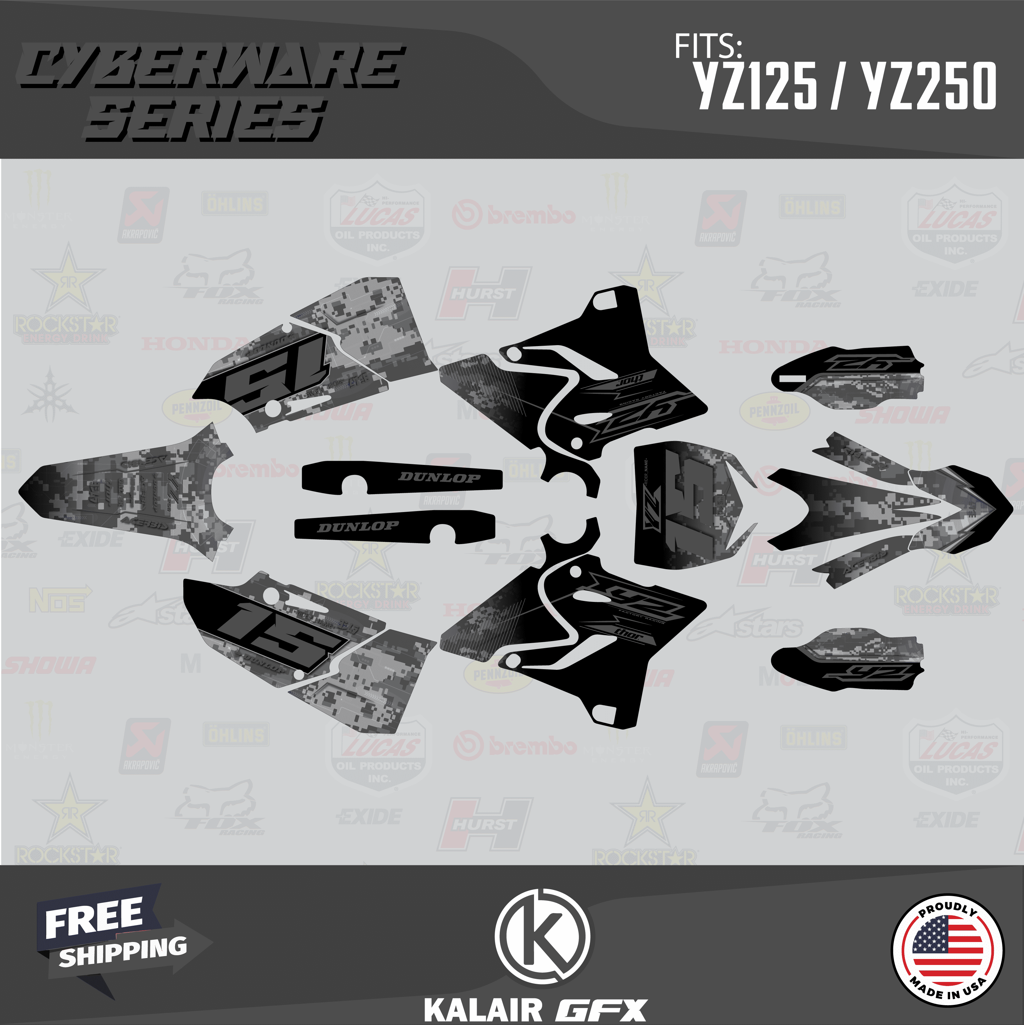 Kalair GFX Graphics Kit for Yamaha YZ125 (2015-2021) Cyberware Series ...