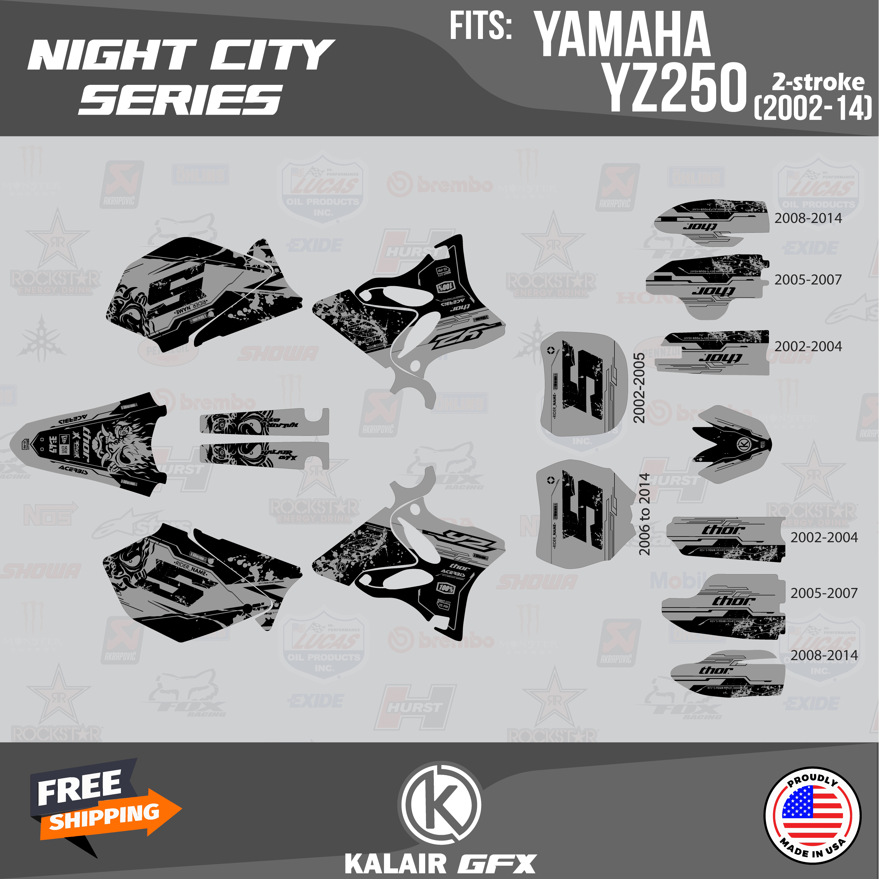 Kalair GFX Graphics Kit for Yamaha YZ250 (2005) Night-city Series ...