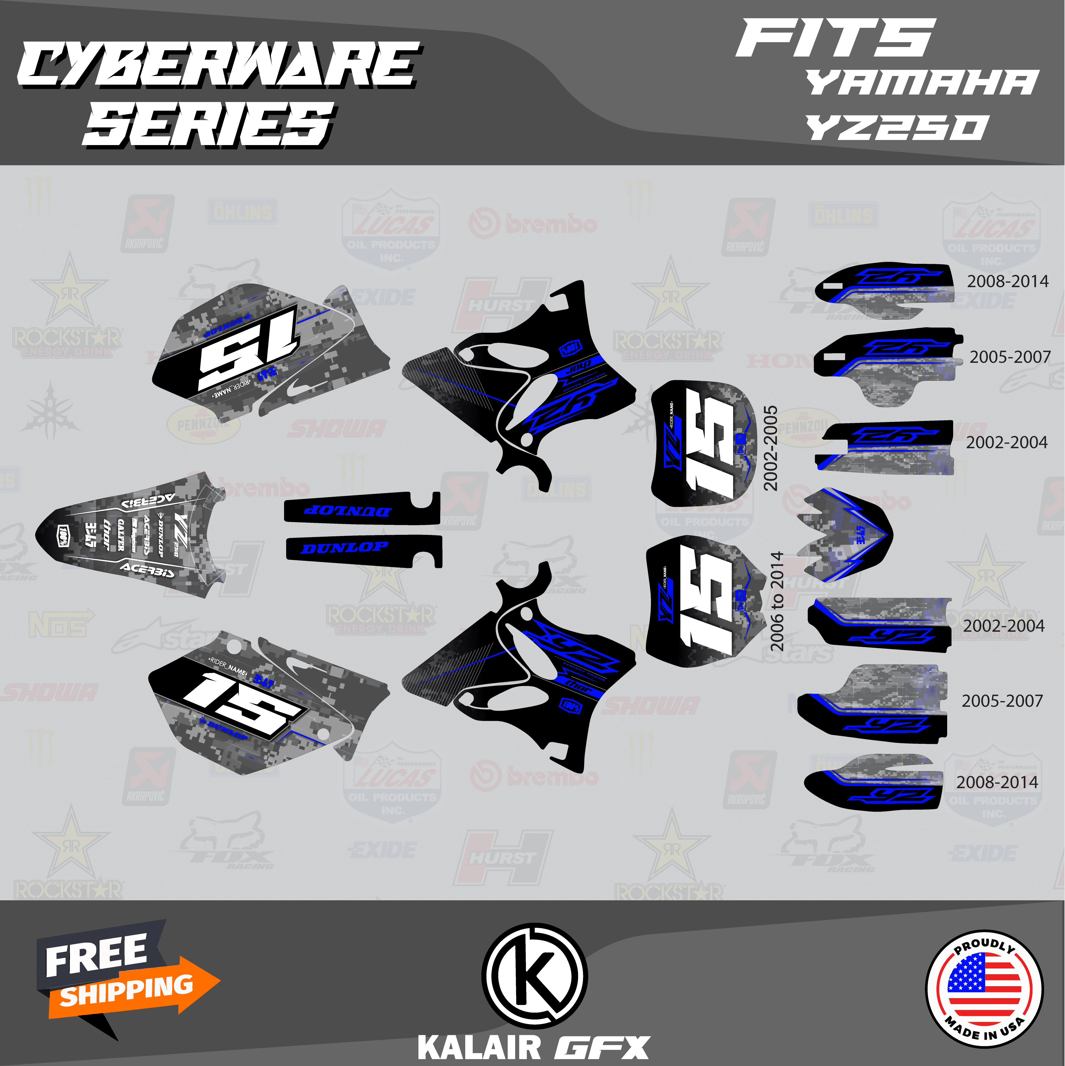 Kalair GFX Graphics Kit for Yamaha YZ250 (2006-2007) Cyberware Series ...
