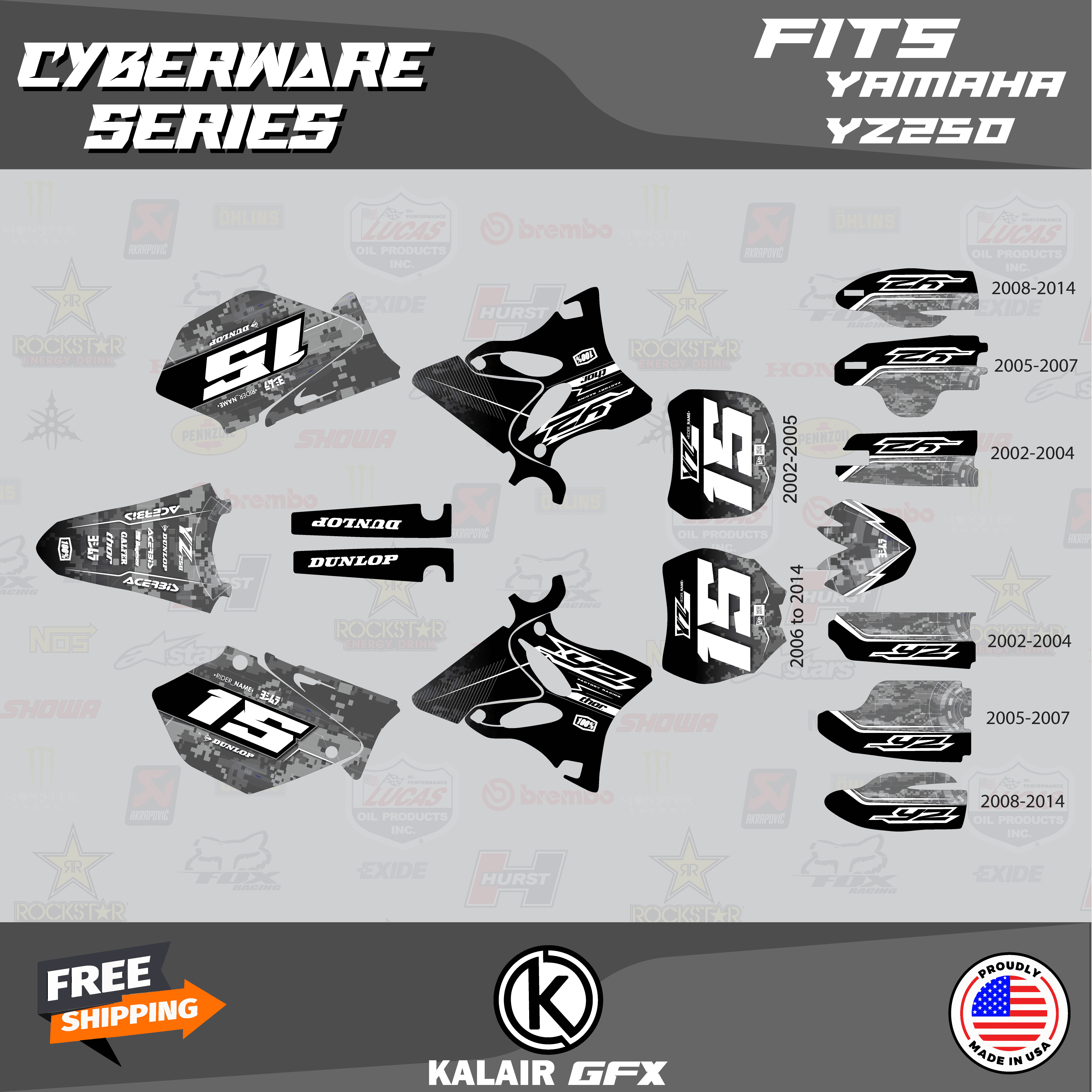 Kalair GFX Graphics Kit for Yamaha YZ250 (2006-2007) Cyberware Series - Walmart.com