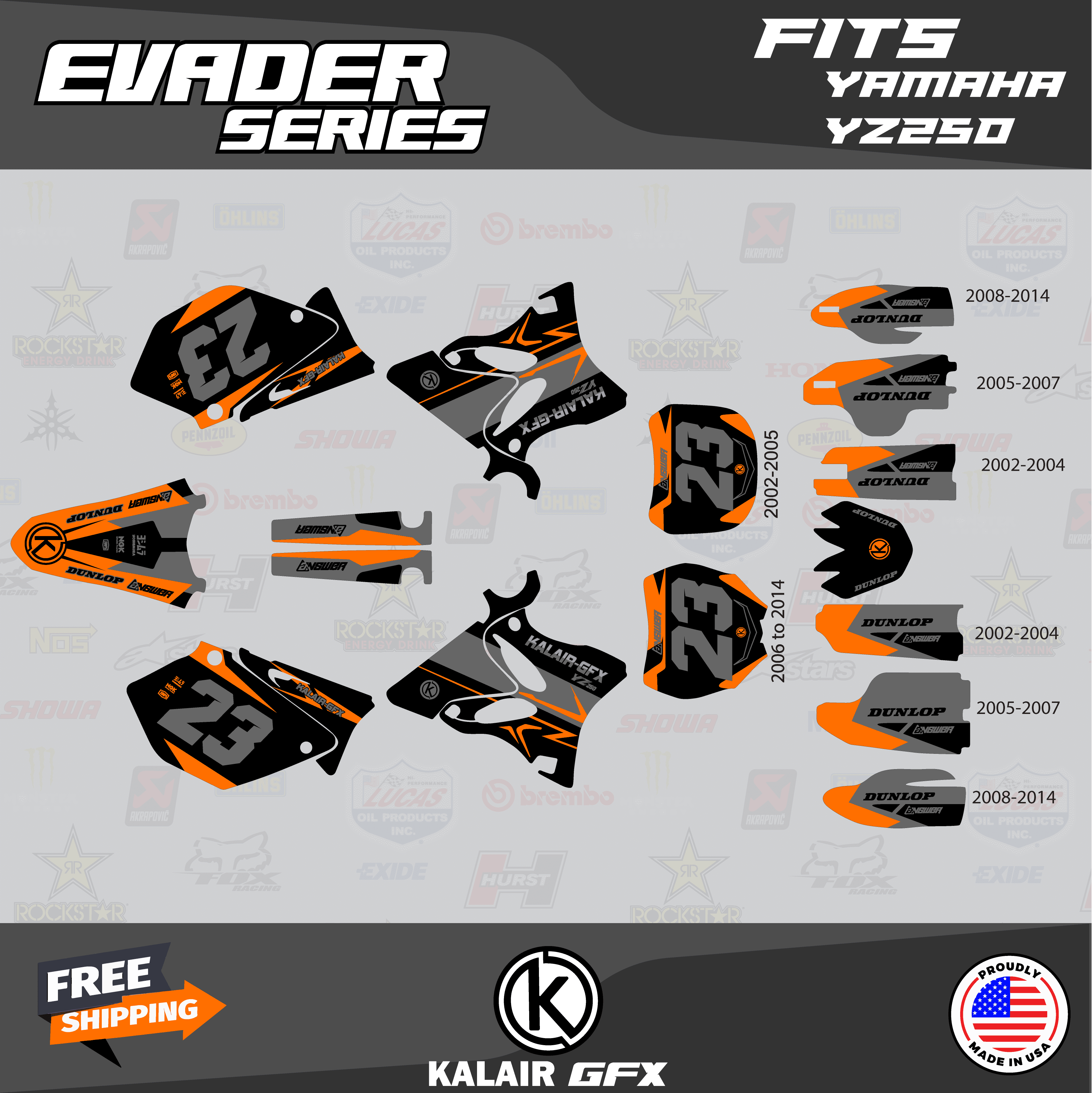 Kalair GFX Graphics Kit for Yamaha YZ250 (2008-2014) Evader Series ...