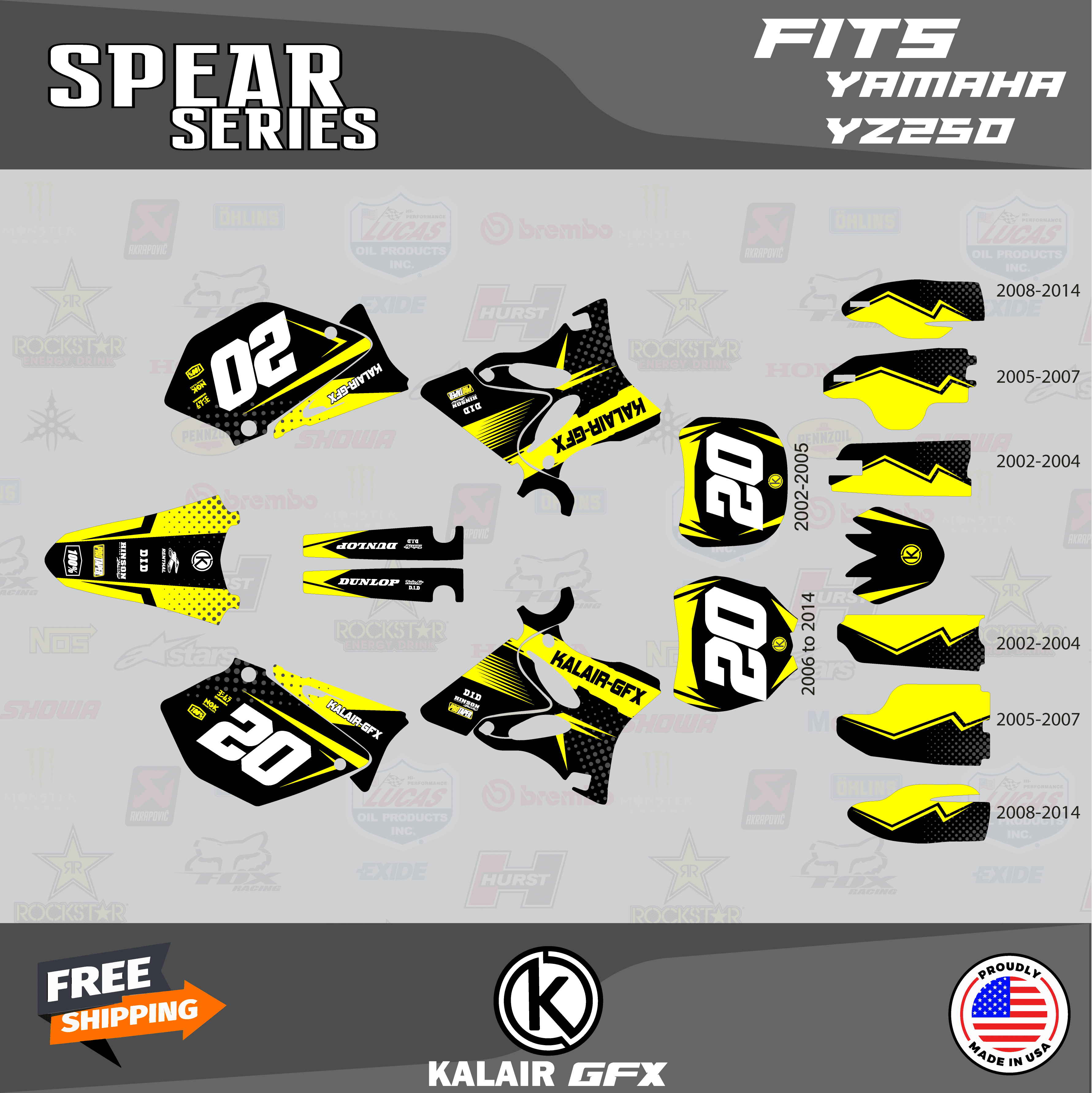 Kalair GFX Graphics Kit for Yamaha YZ250 (2008-2014) Spear Series ...