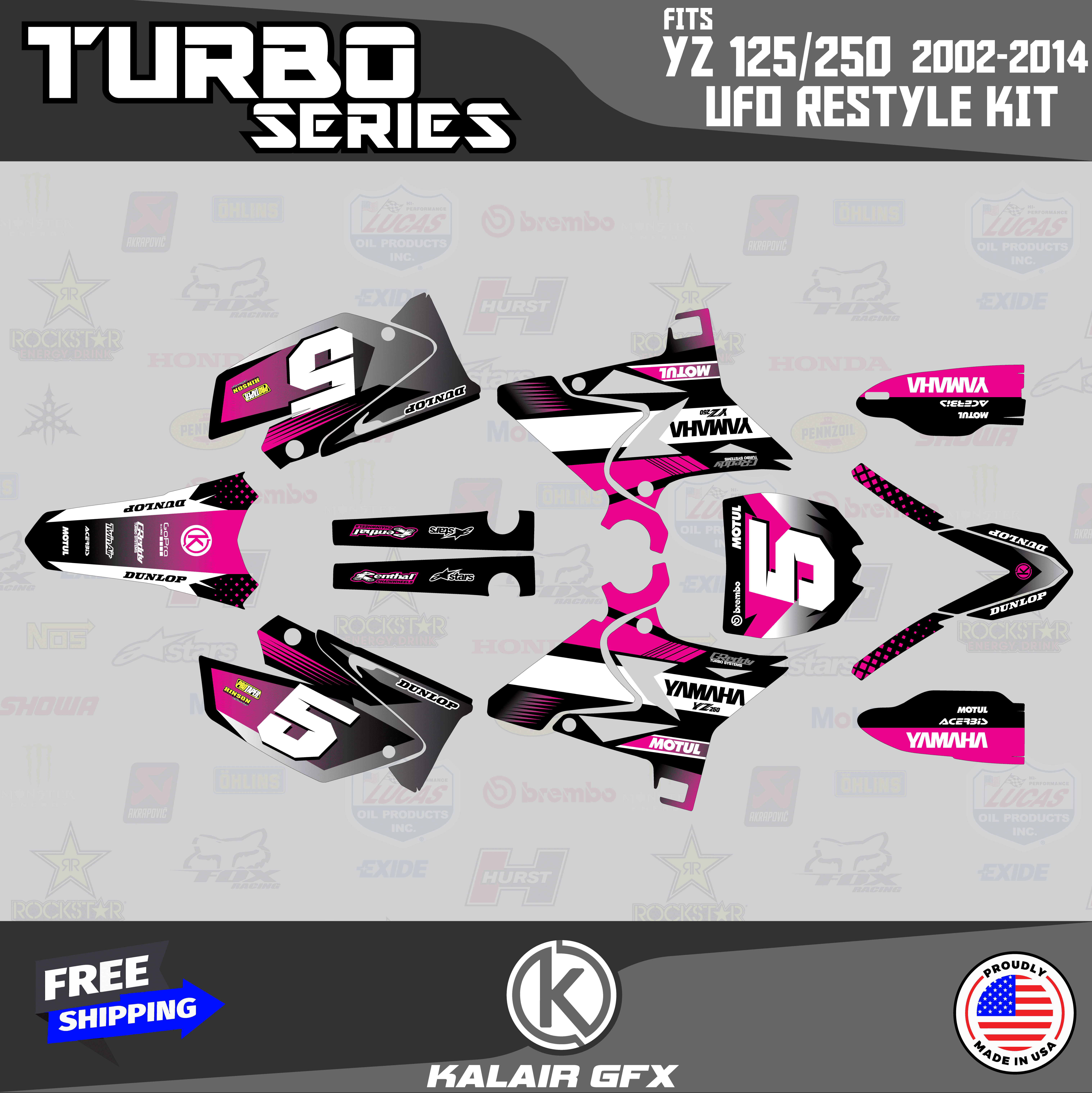 Kalair GFX Graphics Kit for Yamaha YZ250 UFO RESTYLED (2002-2014) Turbo ...