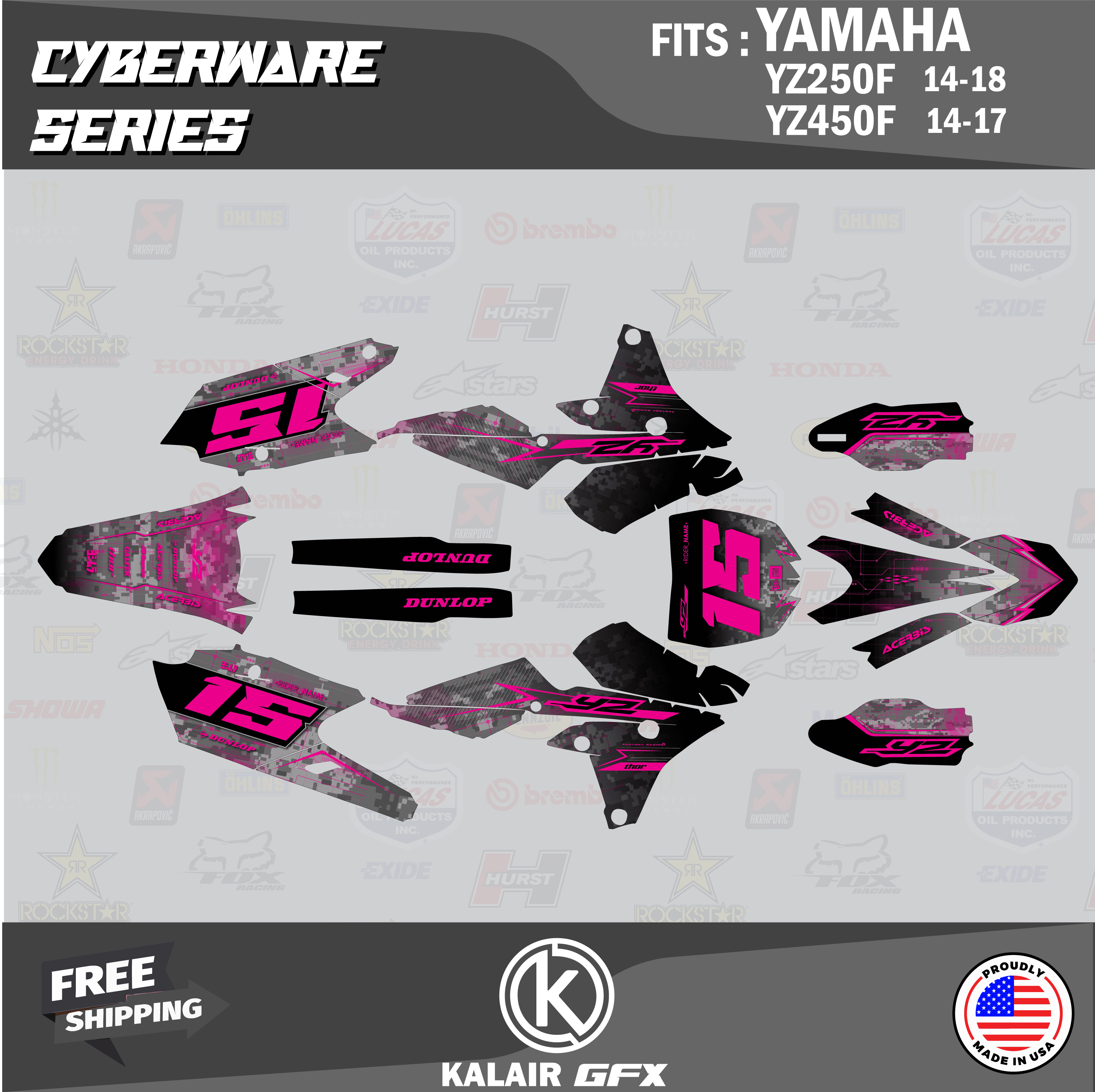 Kalair GFX Graphics Kit for Yamaha YZ250F (2014-2018) Cyberware Series ...