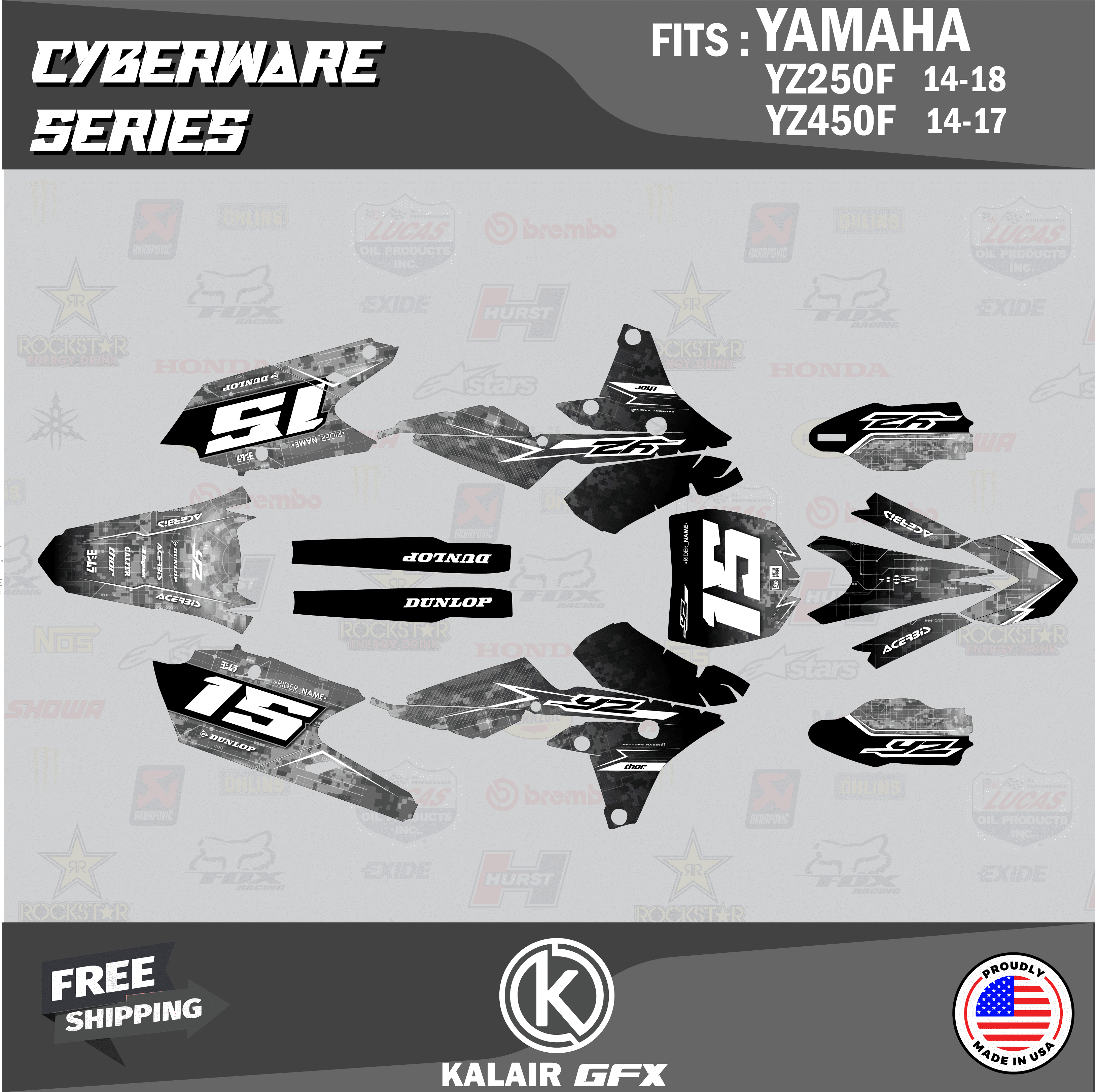 Kalair GFX Graphics Kit for Yamaha YZ250F (2014-2018) Cyberware Series ...