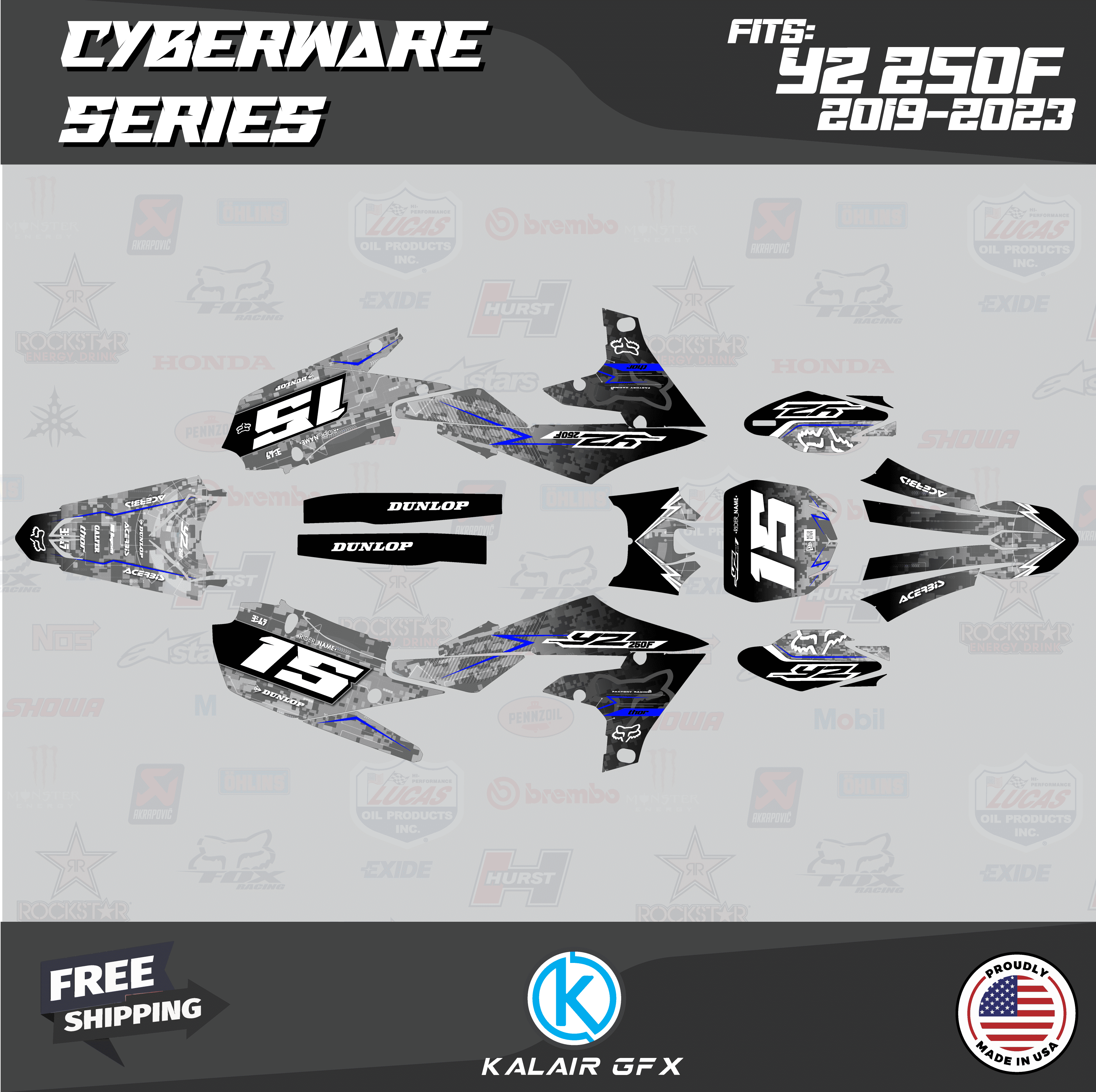 Kalair GFX Graphics Kit for Yamaha YZ250F (2019-2023) Cyberware Series ...