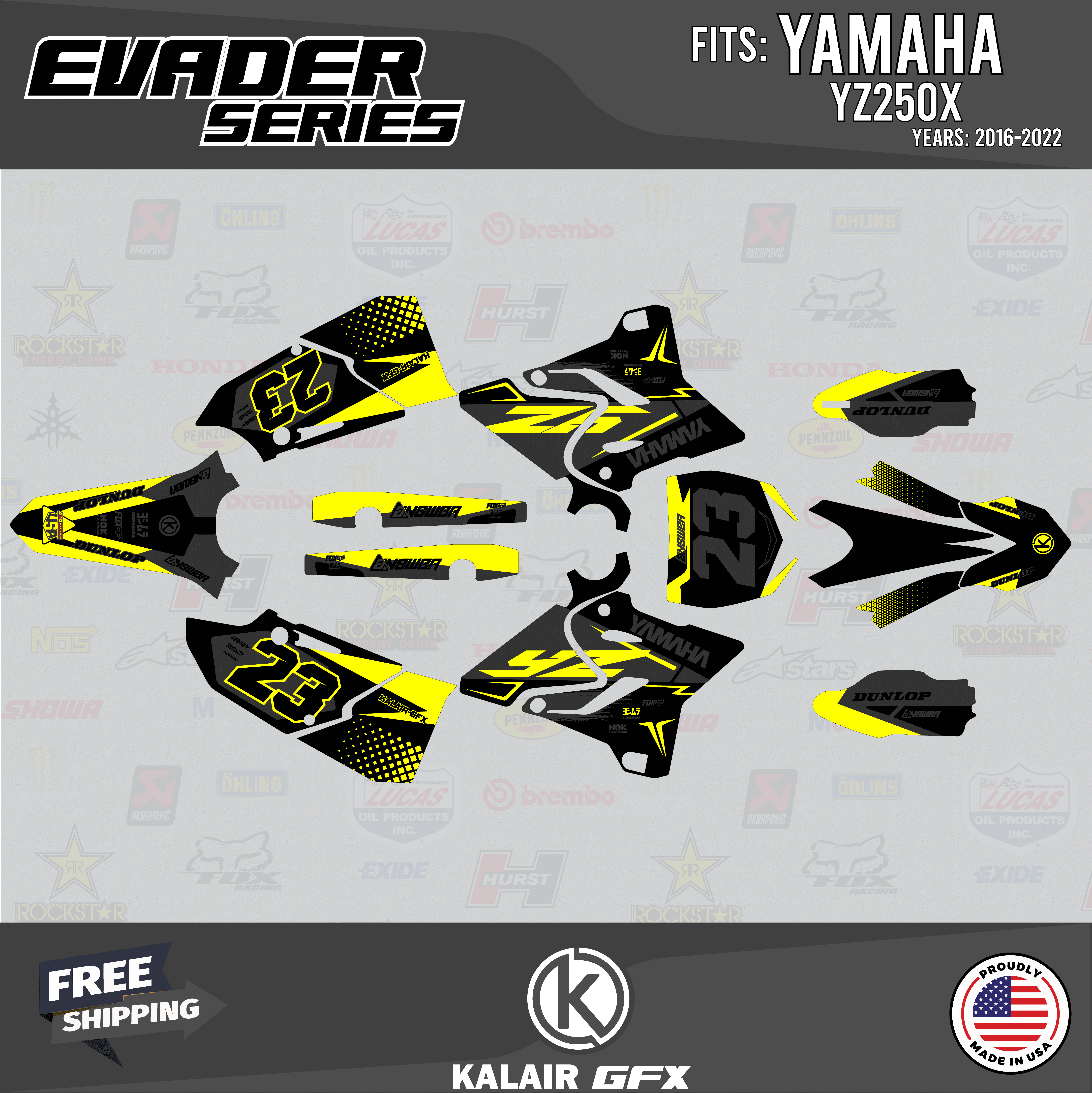 Kalair GFX Graphics Kit for Yamaha YZ250X (2016-2022) Evader Series ...
