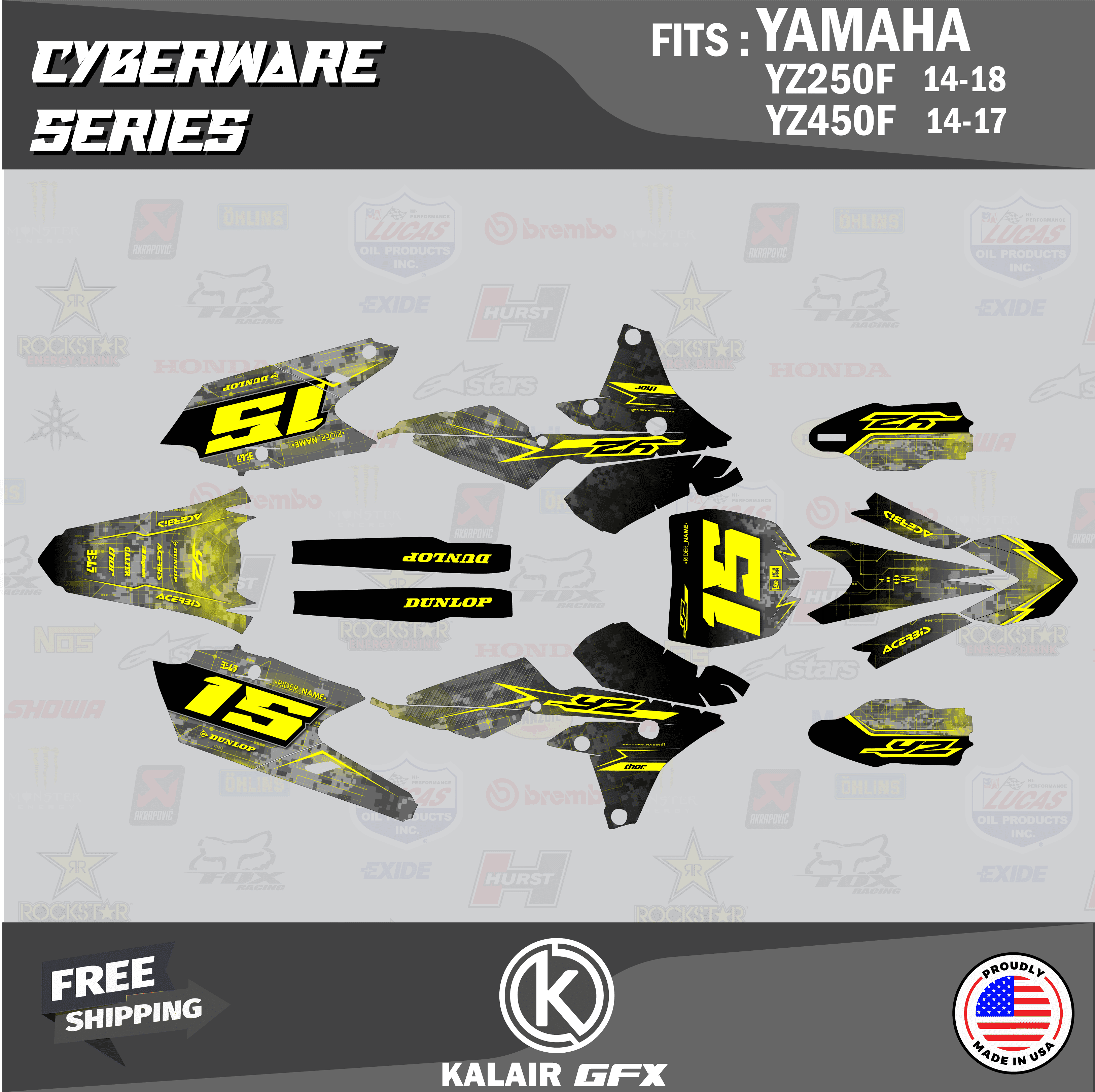 Kalair GFX Graphics Kit for Yamaha YZ450F (2014-2017) Cyberware Series ...