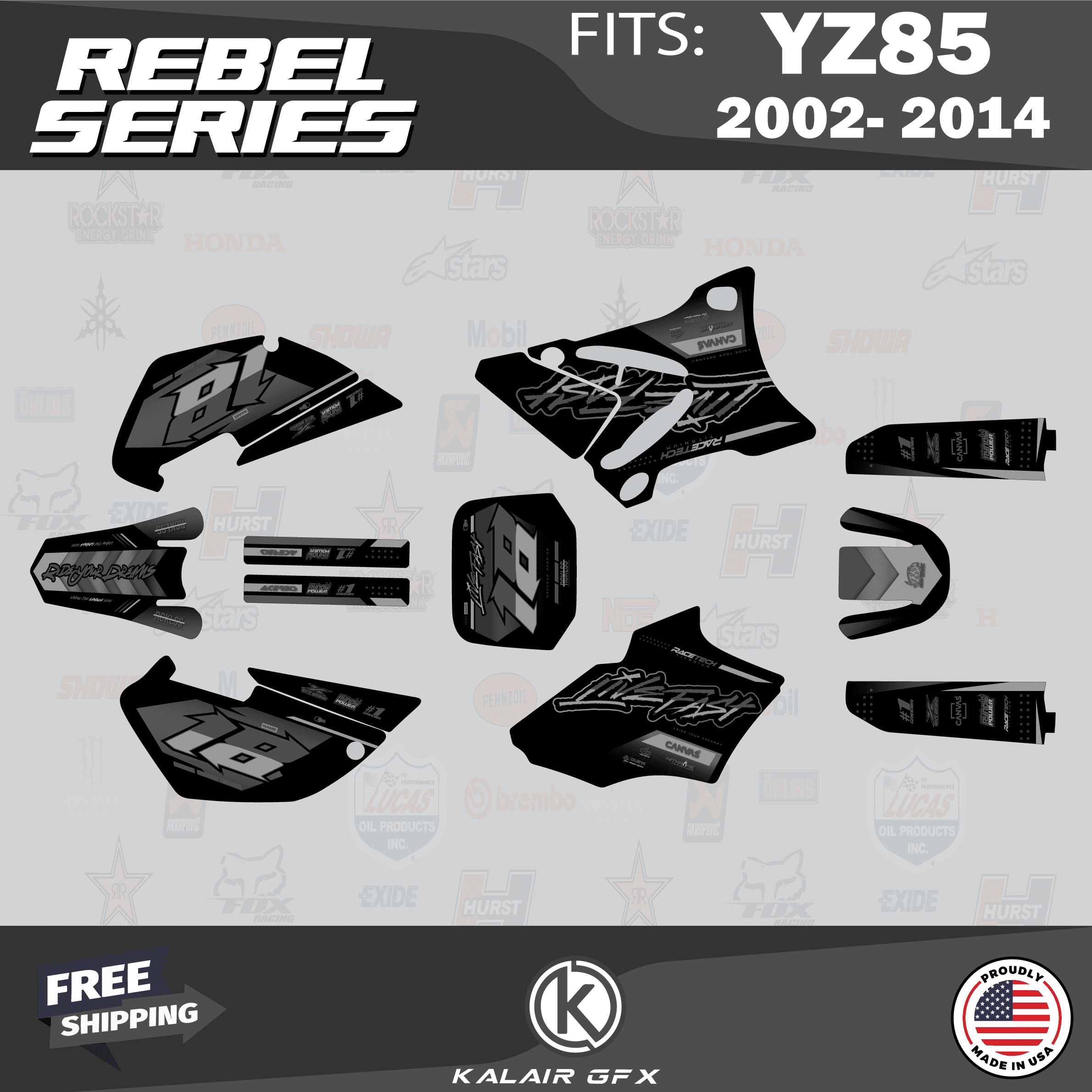 Kalair GFX Graphics Kit for Yamaha YZ85 (2002-2014) Rebel Series ...