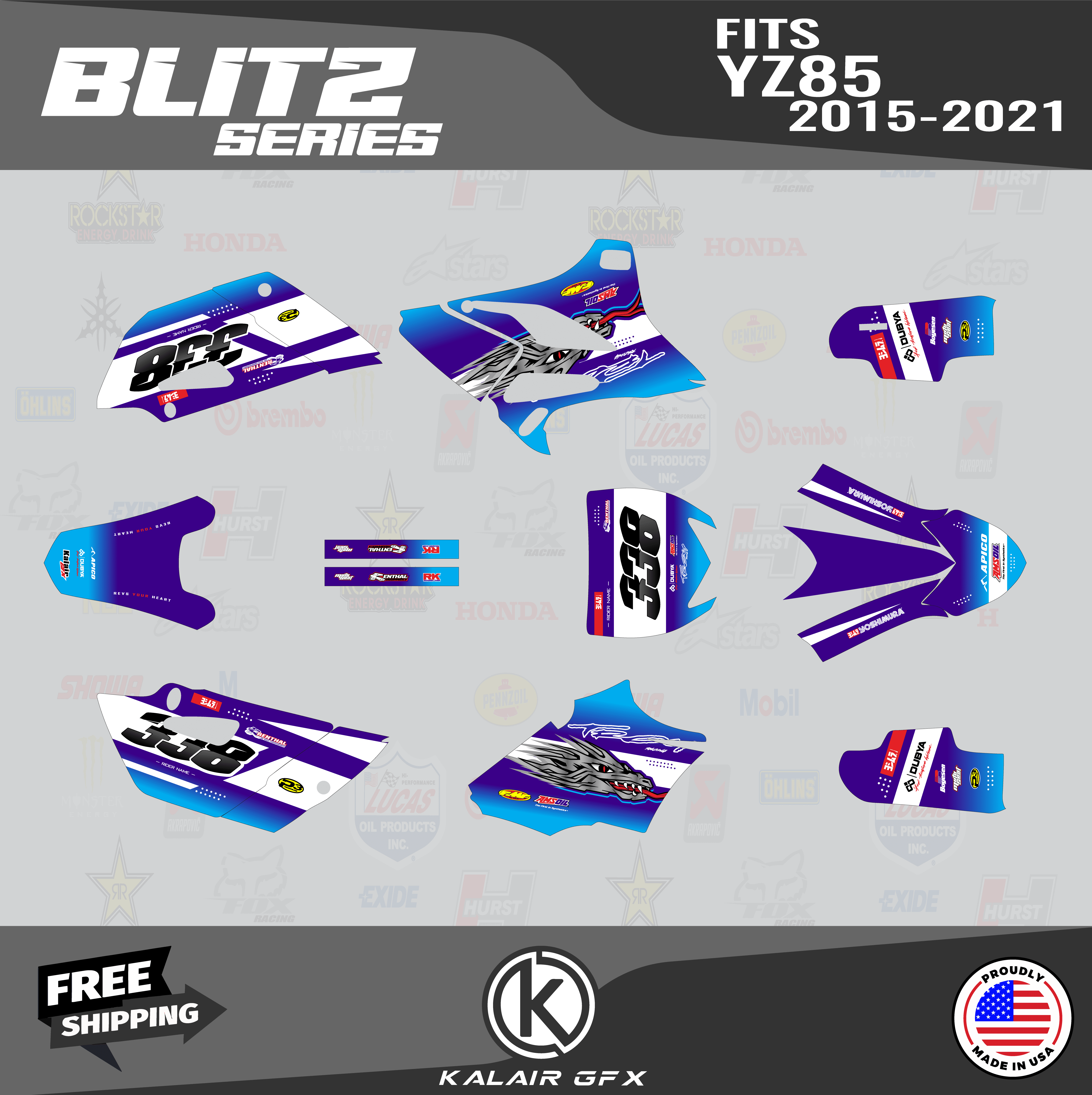Kalair GFX Graphics Kit for Yamaha YZ85 (2019-2021) Blitz Series ...
