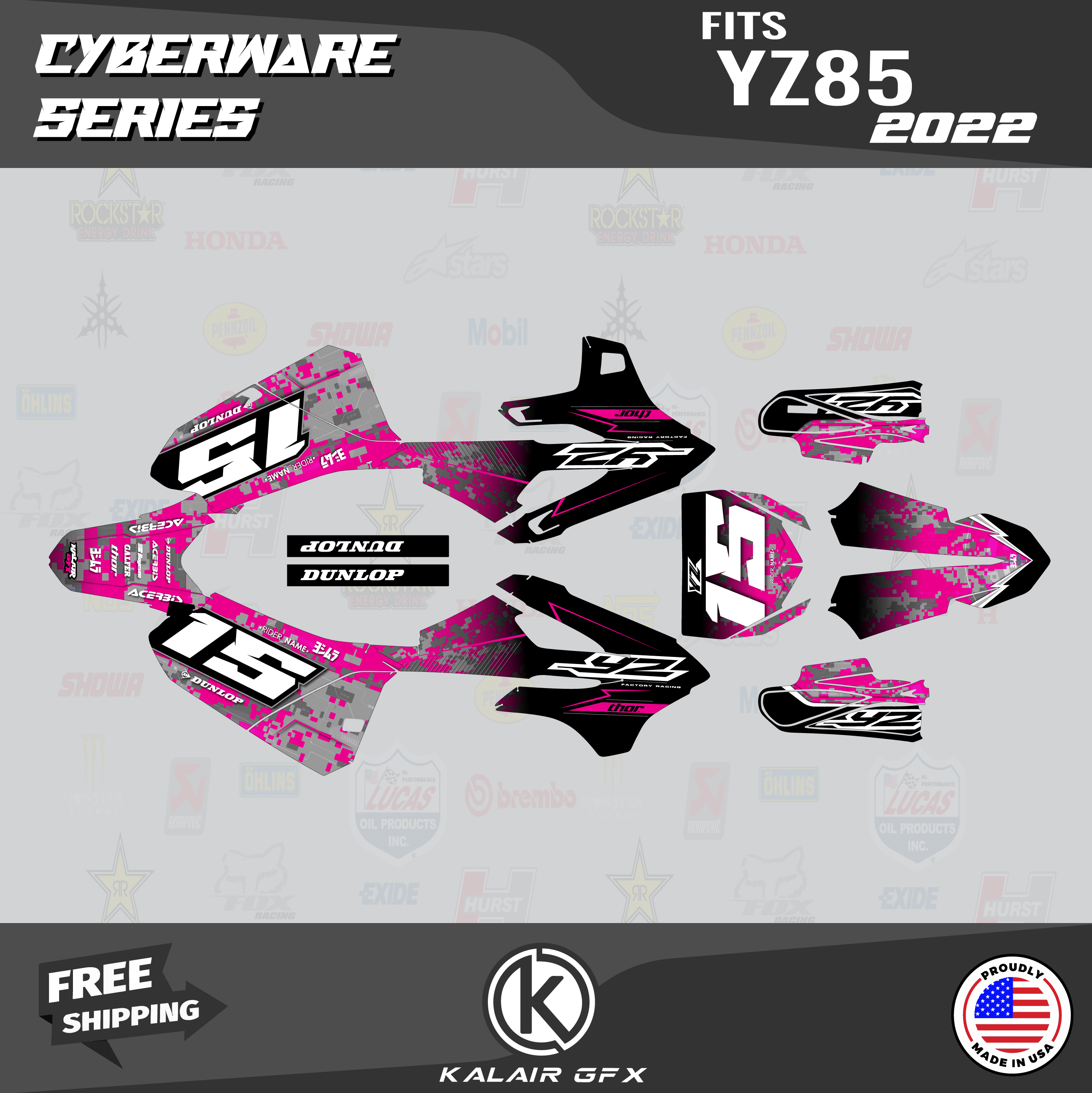 Kalair GFX Graphics Kit for Yamaha YZ85 (2022-2023) Cyberware Series ...